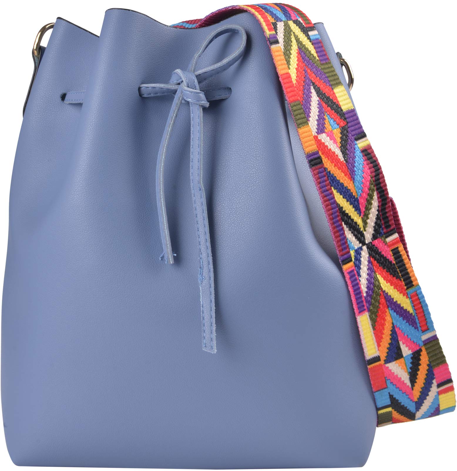 QZUnique Handbag Set Women's PU Leather Drawstring Bucket Bag Crossbody Shoulder Bags Purses Set With Colorful Strap Blue