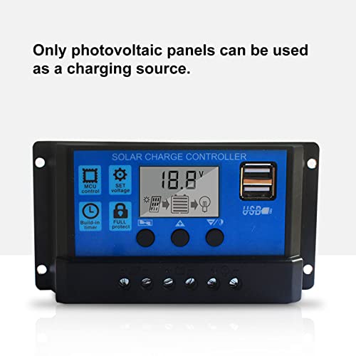 DOACT Solar Panel Charge Controller, 12V 24V Automatic Identification Overload Protection LCD Display Solar Charge Controller for Phone (30A 12V/24V)