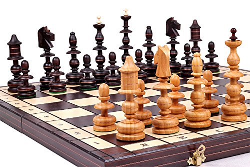 The Alcazar Chess Set an Unique Hand Crafted Wood Chess Pieces with a 5 inch King, 22.8 inch Wooden Chess Board that Folds for Chess Piece Storage