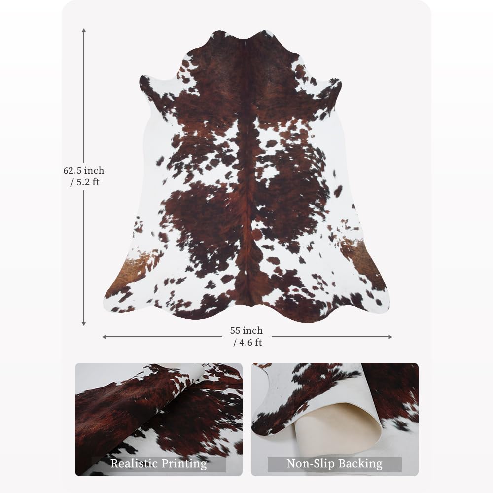 Guyekobe Cowhide Rug 5.2X4.6 ft Cow Print Rug Animal Print Area Rugs for Western Decor Western Rugs for Living Room Bedroom Decor Durable Non-Slip Cow Hide