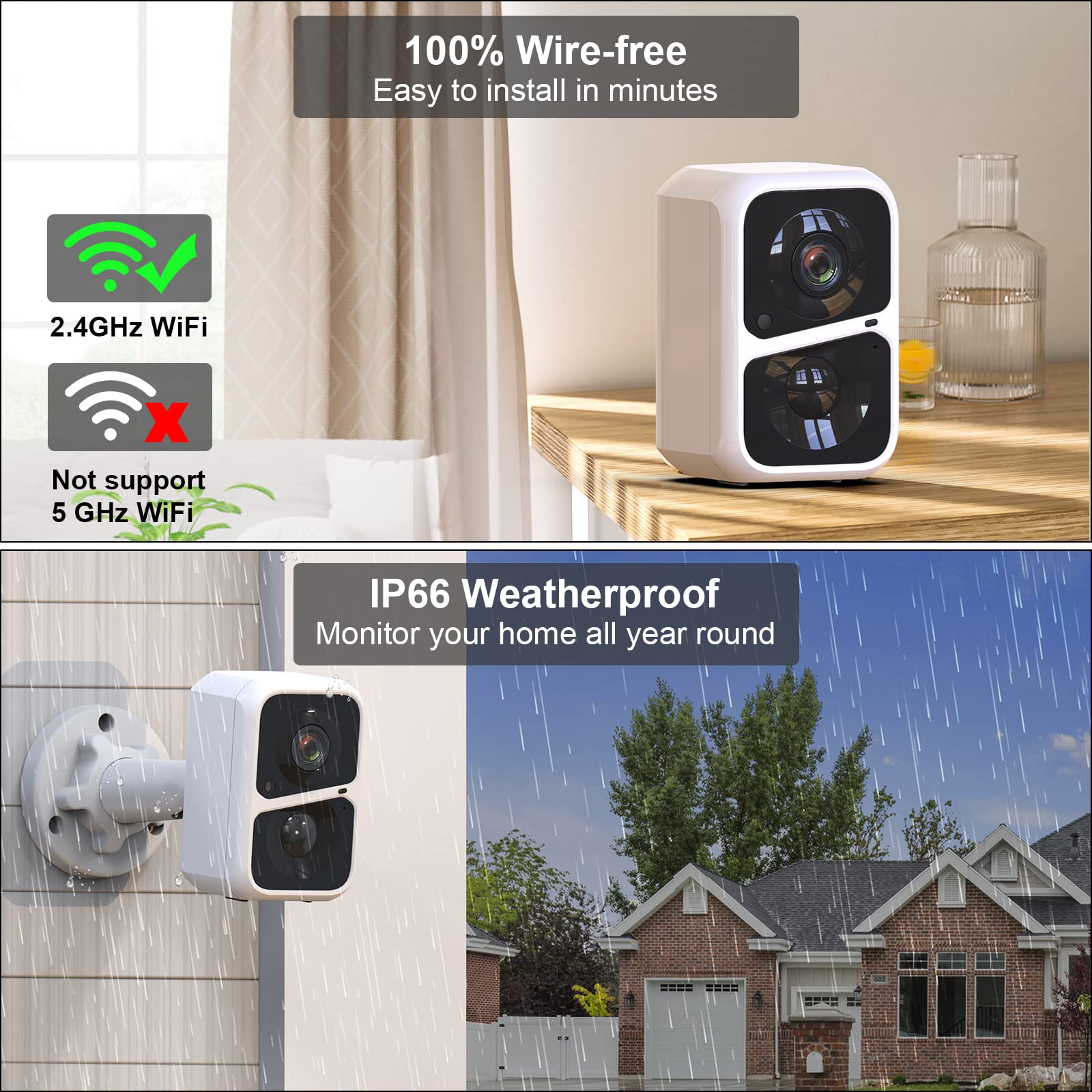ERAY Battery Powered Security Cameras for Home, Wireless WiFi Outdoor Camera, 1080P Indoor Surveillance Camera with Color Night Vision, AI Motion Detection, 2-Way Talk, Cloud/TF Card