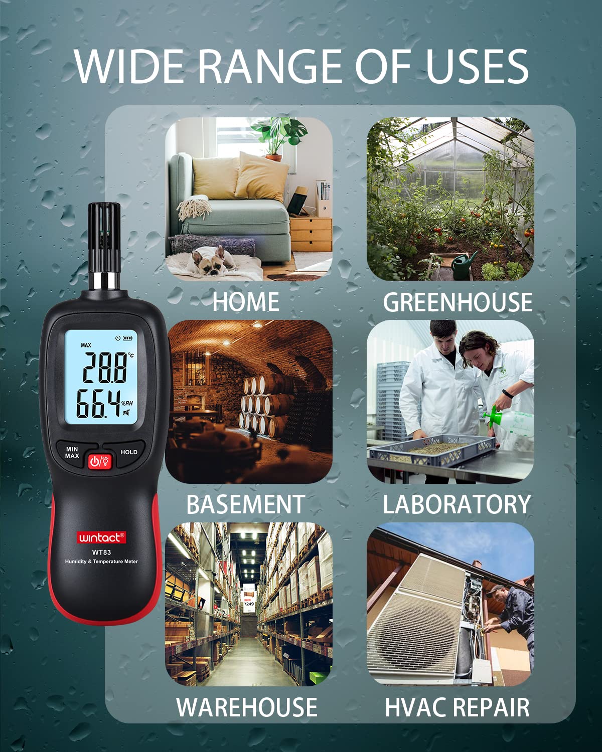 Wintact Digital Temperature and Humidity Meter, Thermometer Hygrometer Monitor with Dew Point and Wet Bulb Temperature, Backlight, Max/Min Value, Data Hold, Store 1000 Group of Data for Indoor Outdoor