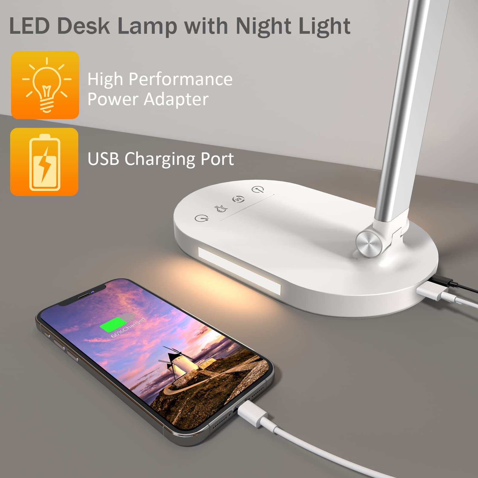 Doeklpo Desk Lamp, LED Desk Lamps for Home Office, Eye-Caring Double Head Desk Light with USB Charging Port, Night Light, 5 Light Mode 5 Brightness Levels, Desk Lamps for Office Study Reading