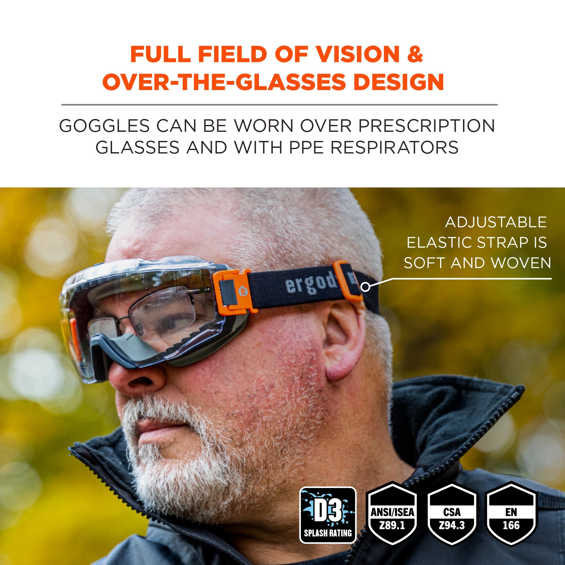 Ergodyne Skullerz Modi Protective OTG Safety Goggle, Indirect Venting, Anti Fog, Scratch Resistant, Adjustable Fabric Strap