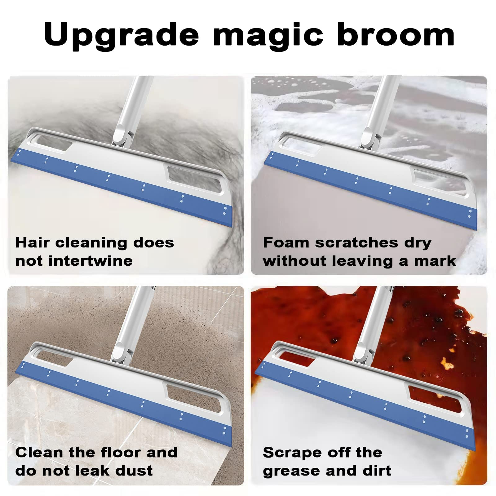 Floor Squeegee Broom for Water and Pet Hair Sweeper Wiper Silicone Broom Rubber Multifunction Magic Broom with 4-in-1 Long Handle，Especial for Flat Floor, Bathroom, Glass, Windows Cleaning