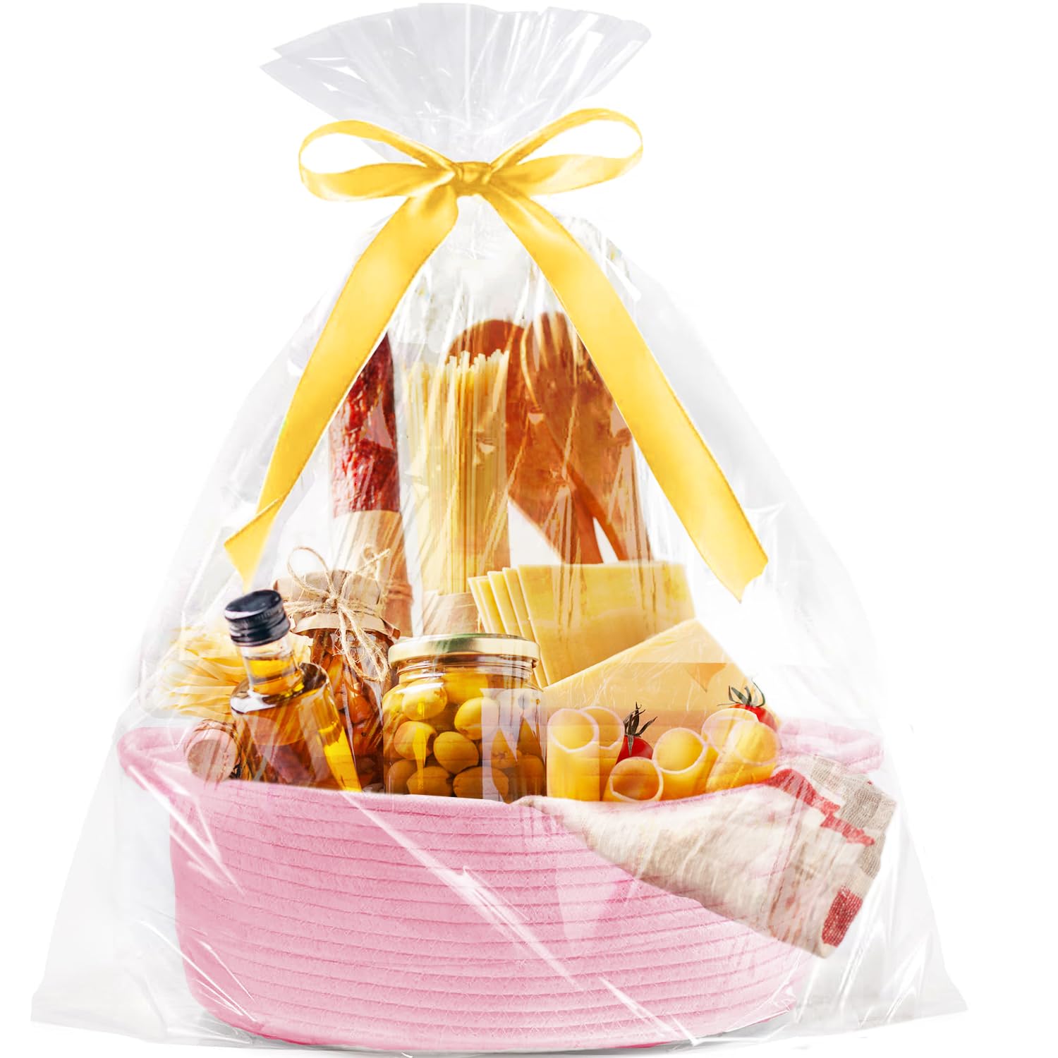 GiftExpress Pink Woven Gift Basket, Clear Cellophane Bag & Ribbon - 13" x 8" x 5" Cotton Rope Empty Decorative Gifting Basket - Cute Soft Organizing Raffle Storage Bin w/ Handles