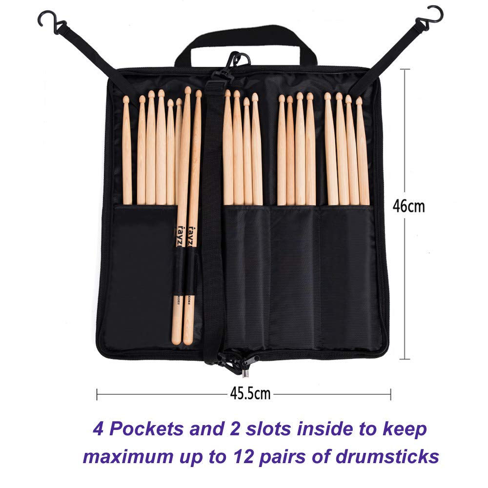 Rayzm Drum Stick Bag with an External Pocket, Standard Nylon Stick Bag with a Carry Handle and Floor Tom Hooks, Inside 4 Slots Holds up to 12 Pairs of Drumsticks,Water Resistant Nylon
