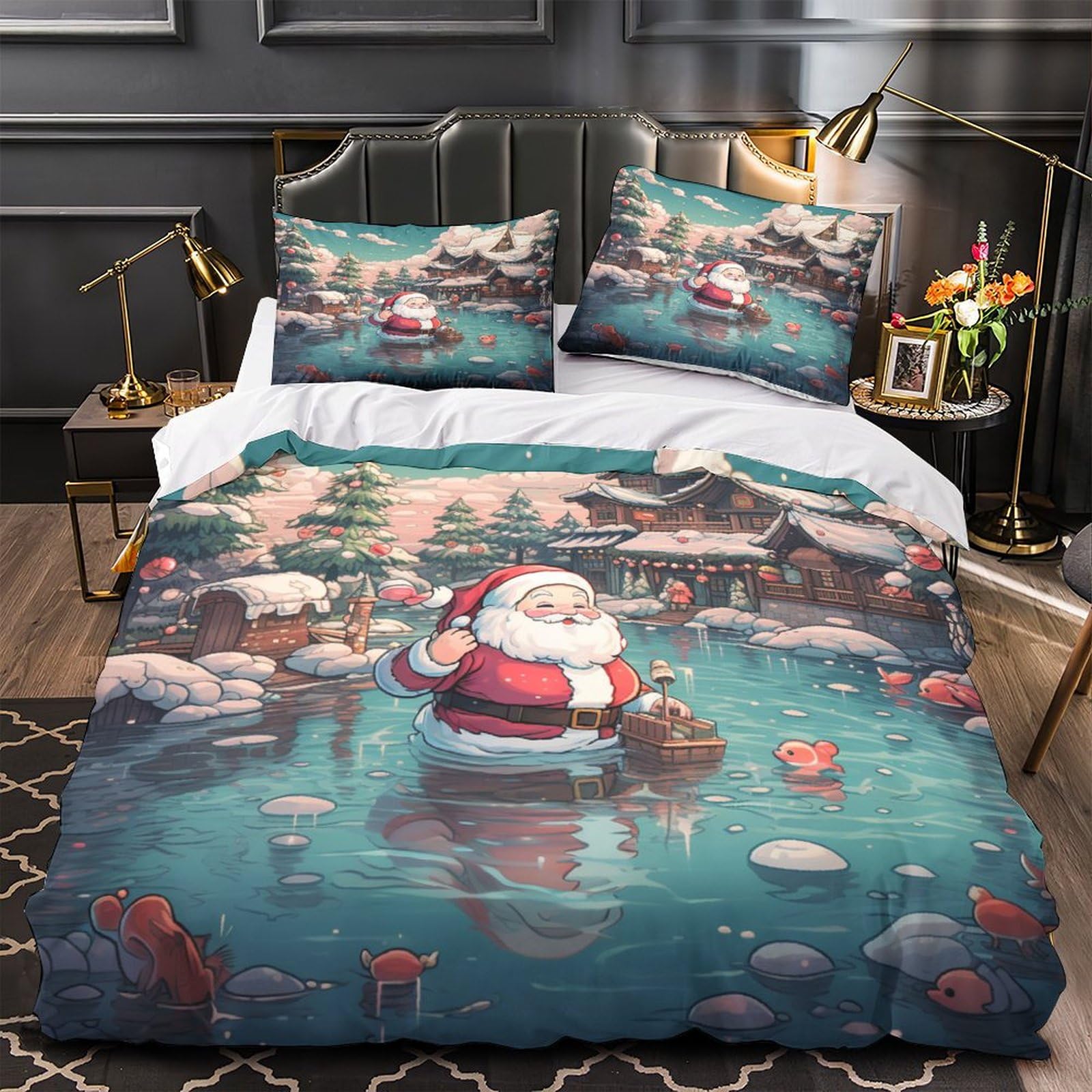 ERGTT Father Christmas Comforter Covers Quilt Cover Duvet Cover for Boys Girls 3D Printed Christmas with Zipper Closure Bedding Set with Pillow Cases Soft Microfiber 3 Pieces Queen(228x228cm)
