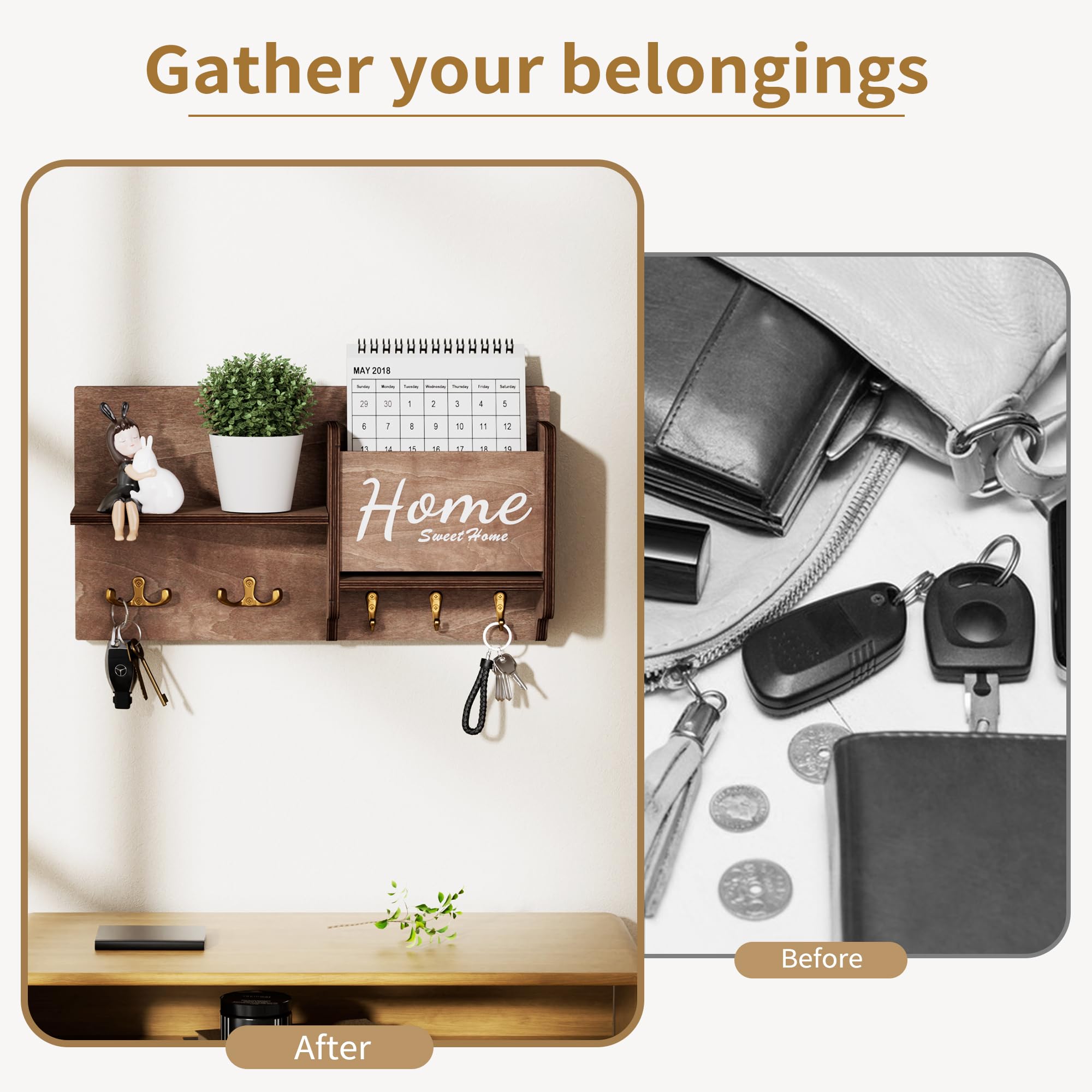 GiftMust Wall Mounted Key Holder Organizer with Storage, DIY Assembling Decorative Wall Mounting shelf with Key Hangers for Home, Kitchen, Bathroom, Bedroom, Living Room, Dining Room, Entryway