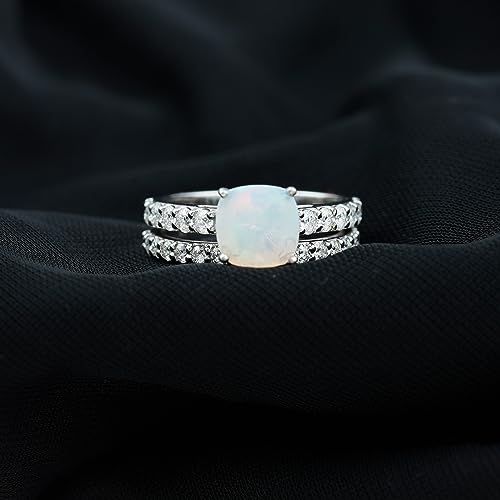 Certified Opal Wedding Ring Set, AAA Quality, Natural 8mm Cushion Cut Opal Engagement Ring with Moissanite Enhancer, 14K White Gold, Size:US 10.00
