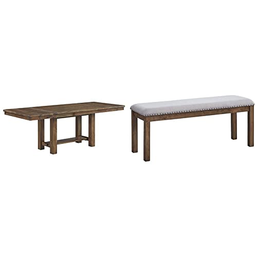 Signature Design by Ashley Moriville Farmhouse 36ā x 30ā Dining Extension Table, Seats up to 8, Brown & Moriville Casual Rustic Upholstered Dining Bench, Grey & Brown