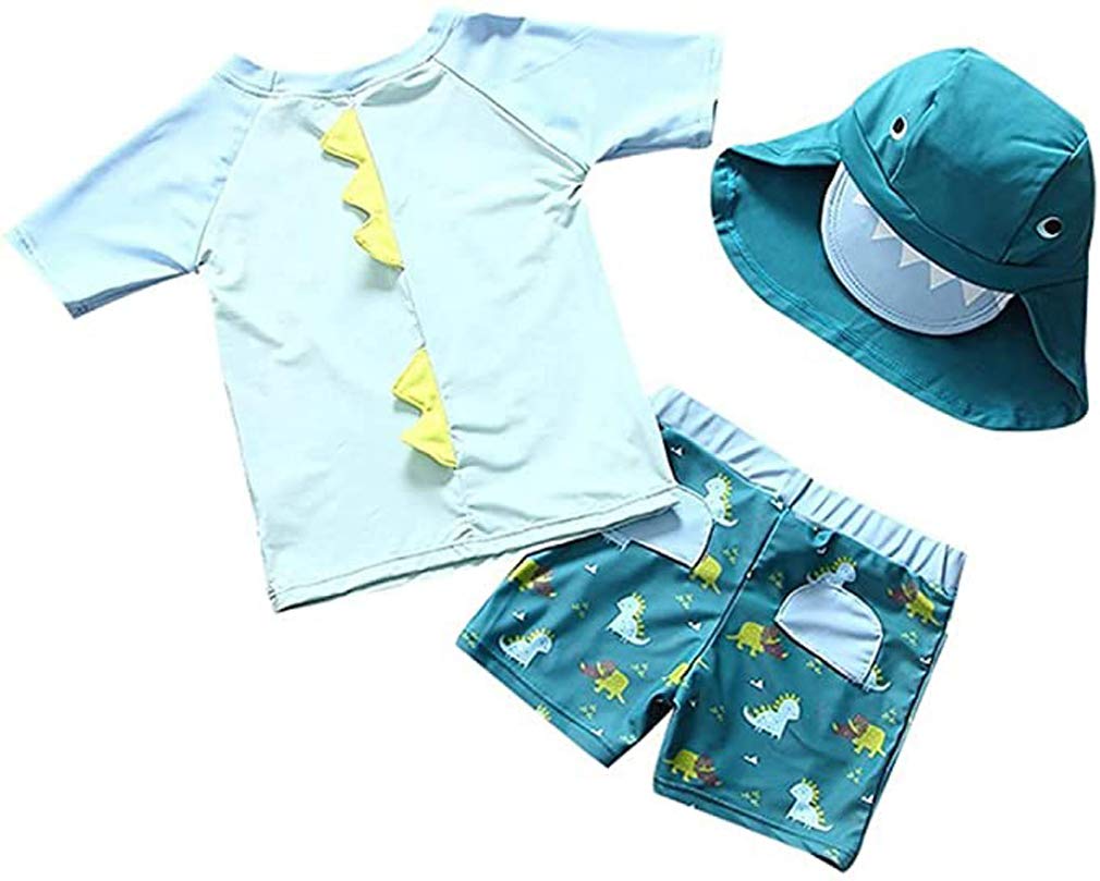 SWMSTUPF Baby Boys Swimsuit Toddler Two Pieces Swimwear Set Dinosaur Bathing Suit Rash Guards with Hat UPF 50+(Dinosaur,18-24Months)