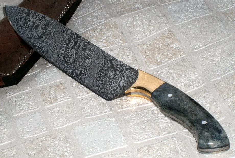 CF-237 B, Style Damascus Steel Chef Knife – Brass Bolsters & Colored Bone Handle