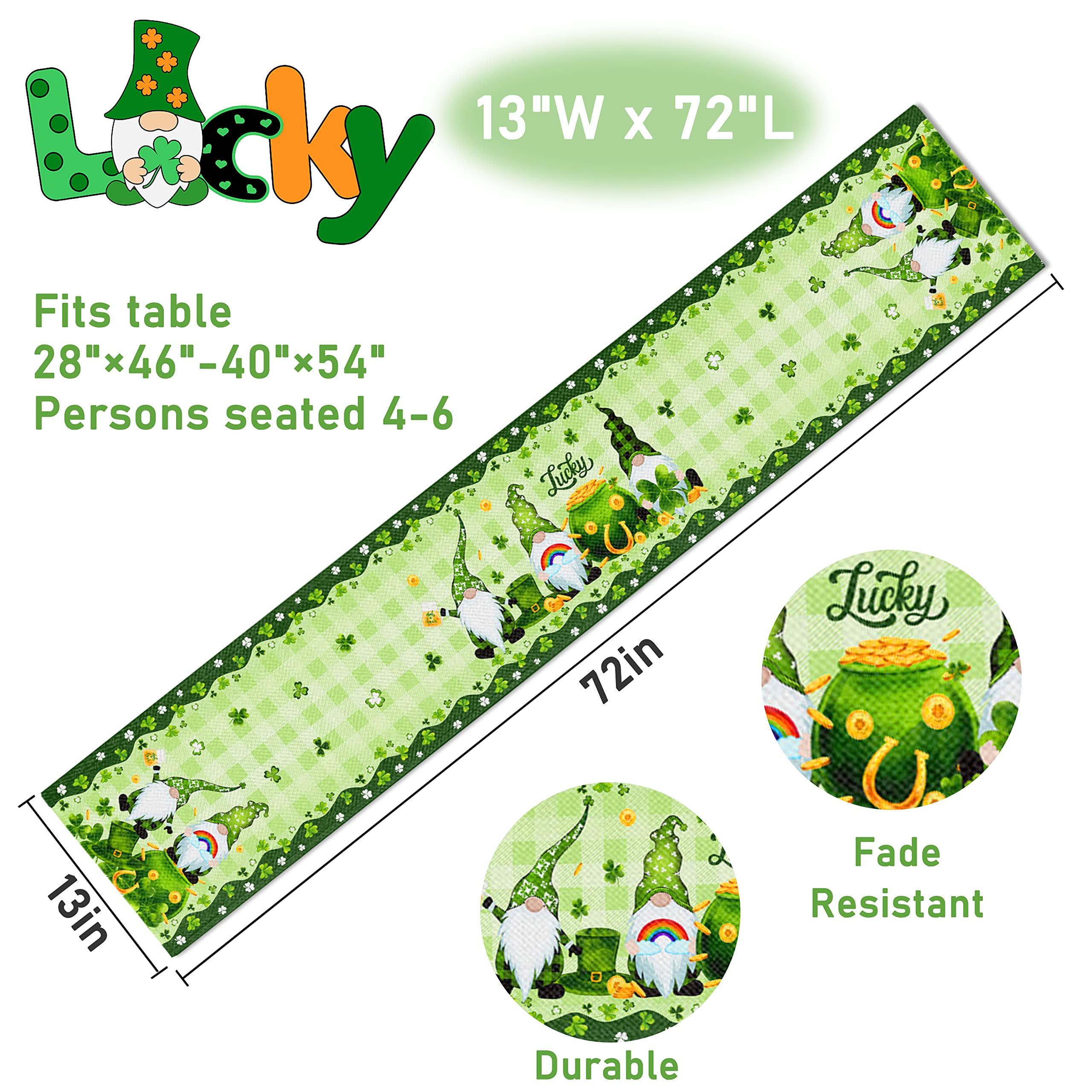 Flyart St Patricks Day Table Runner, Gnomes Spring Green Shamrock Decorations for St. Patrick's Day Party Holiday, St Patricks Day Decorations for Kitchen Dining Table Decor Home Decorr (13x72 inch)