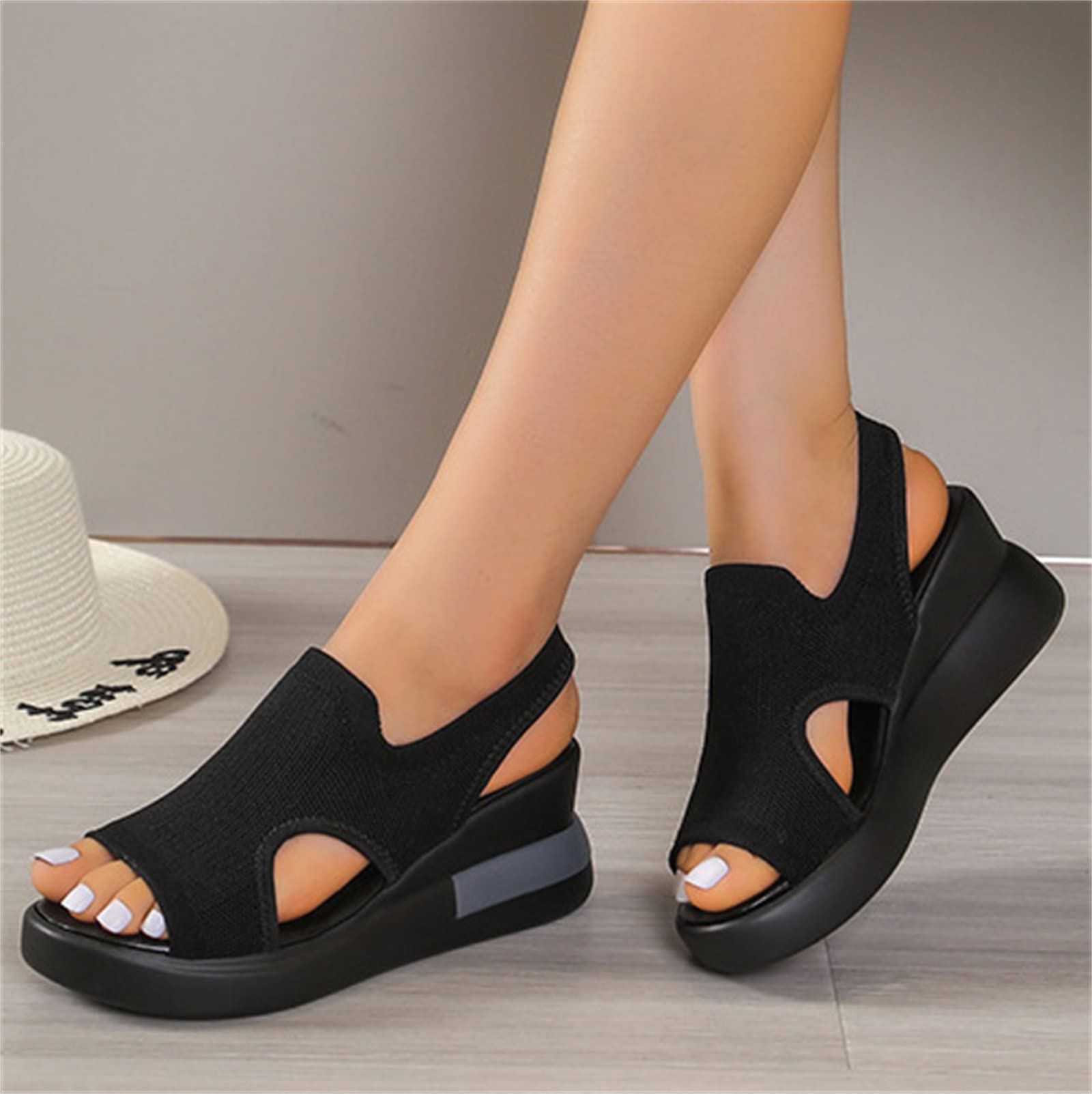 DOIX Mesh Wedges Sport Sandals for Women Comfortable Elastic Ankle Strap Fish Mouth Sandals Casual Slip on Platform Sandals Breathable Open Toe Walking Shoes Sneakers,Black,US7/EU38