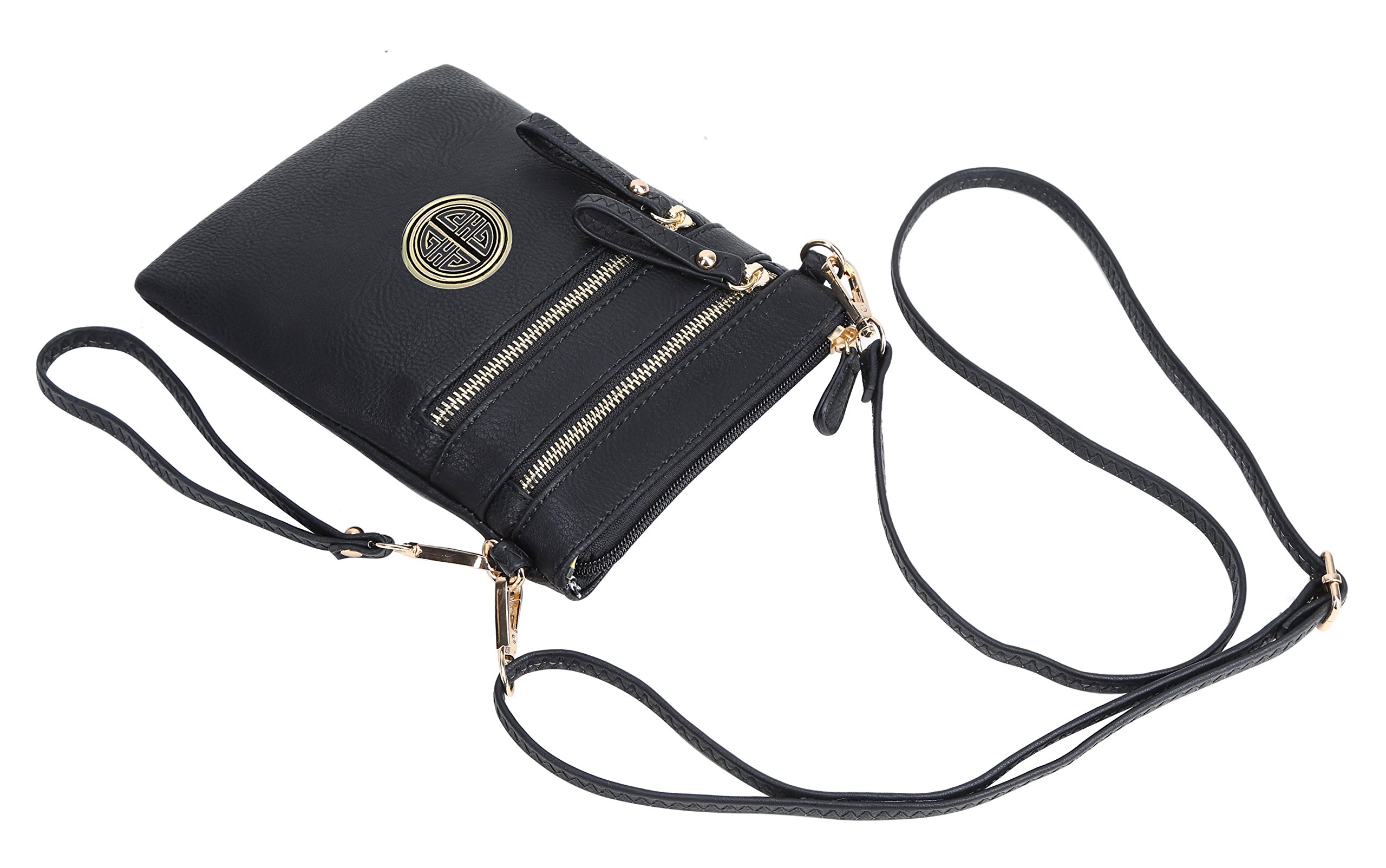 Solene Women's Faux Leather Organizer Multi Zipper Pockets With Detachable Wristlet Crossbody Bag -WU002L (Black)
