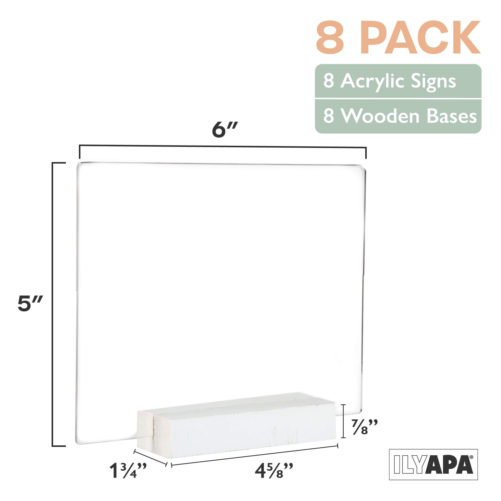Ilyapa Acrylic Sign Holders with White Wood Stands, 8 Pack - Small 5x6 Inch Blank Table Numbers Set for Wedding