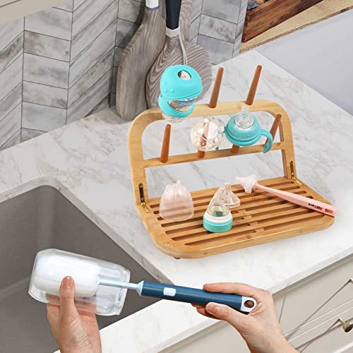 SILICOCO Baby Bottle Drying Rack, Bamboo Dish Drying Rack Foldable Organizer Holder with Locking Buckle, Baby Bottle Holder for Plastic Bags, Cups, Accessories