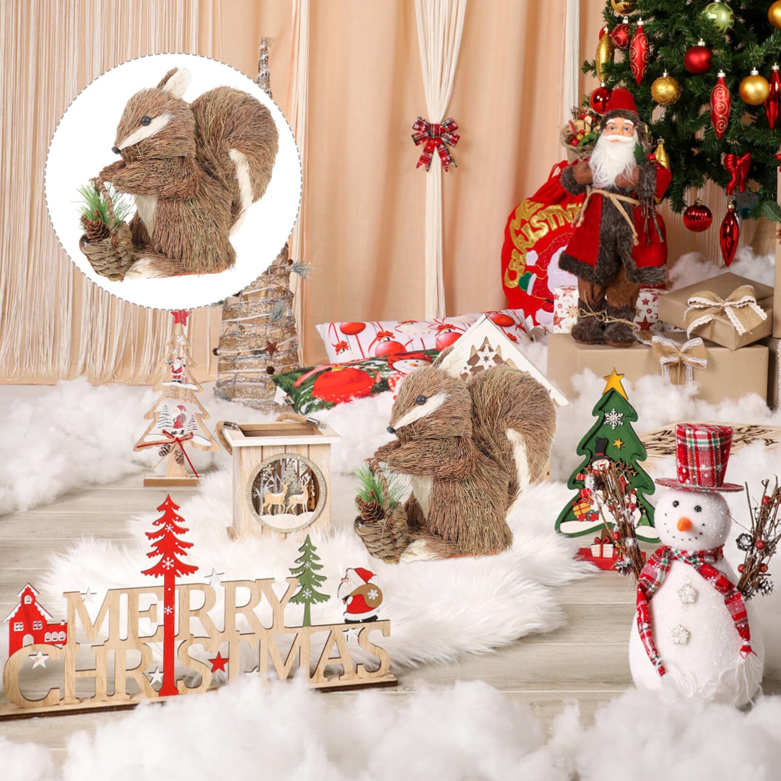 Wakauto Christmas Squirrel Figurine Fake Grass Squirrel Fall Decor Lawn Nativity Animal Ornament Simulation Squirrels Model Statue Outdoor Decor for Holiday Party Supplies