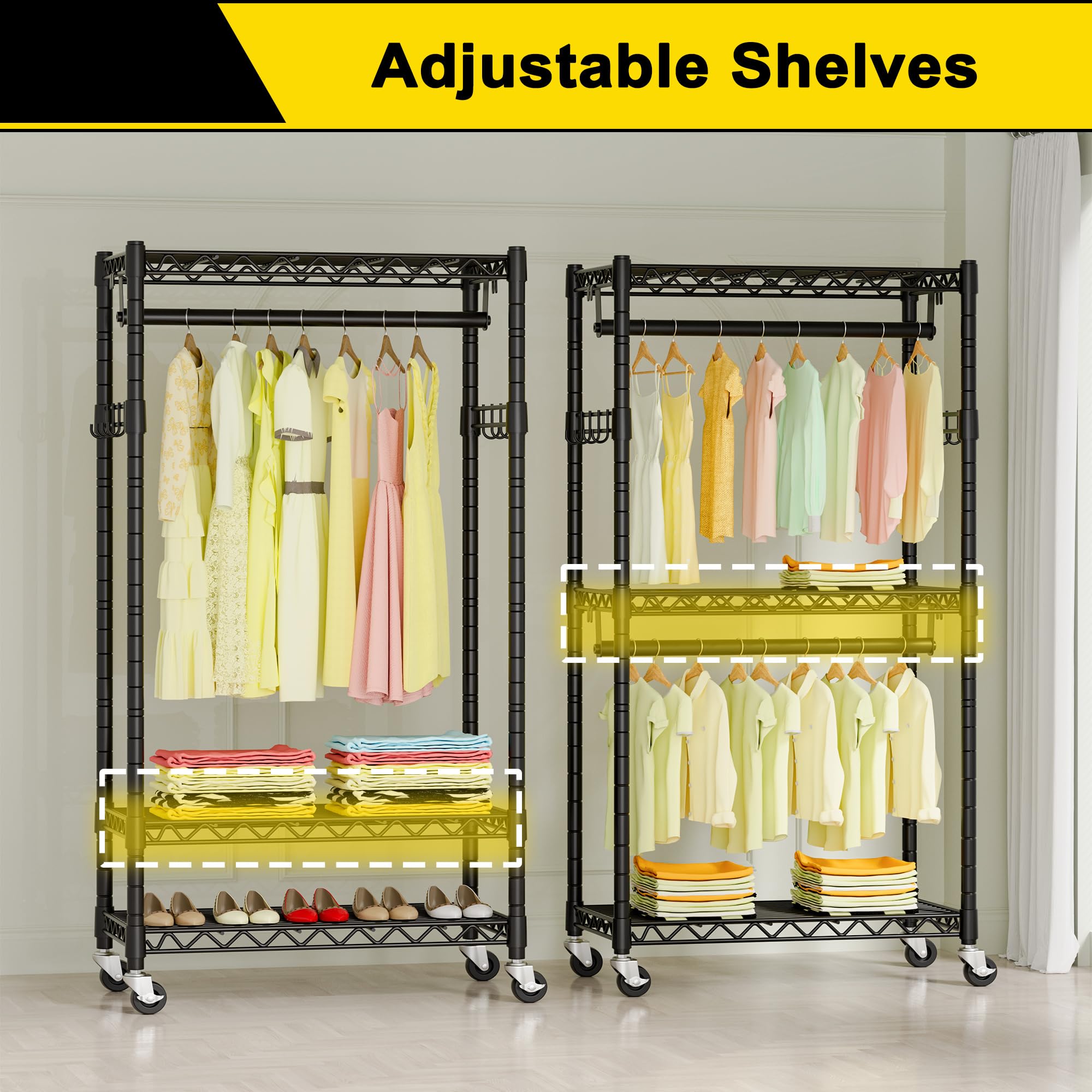 GIOTORENT G11 Heavy Duty Rolling Garment Rack, 3 Tier Metal Clothes Rack with Rod & Hooks, Freestanding Wardrobe Clothing Storage Rack, Portable Closet Organizer Rack, Max Load 450 LBS, Black