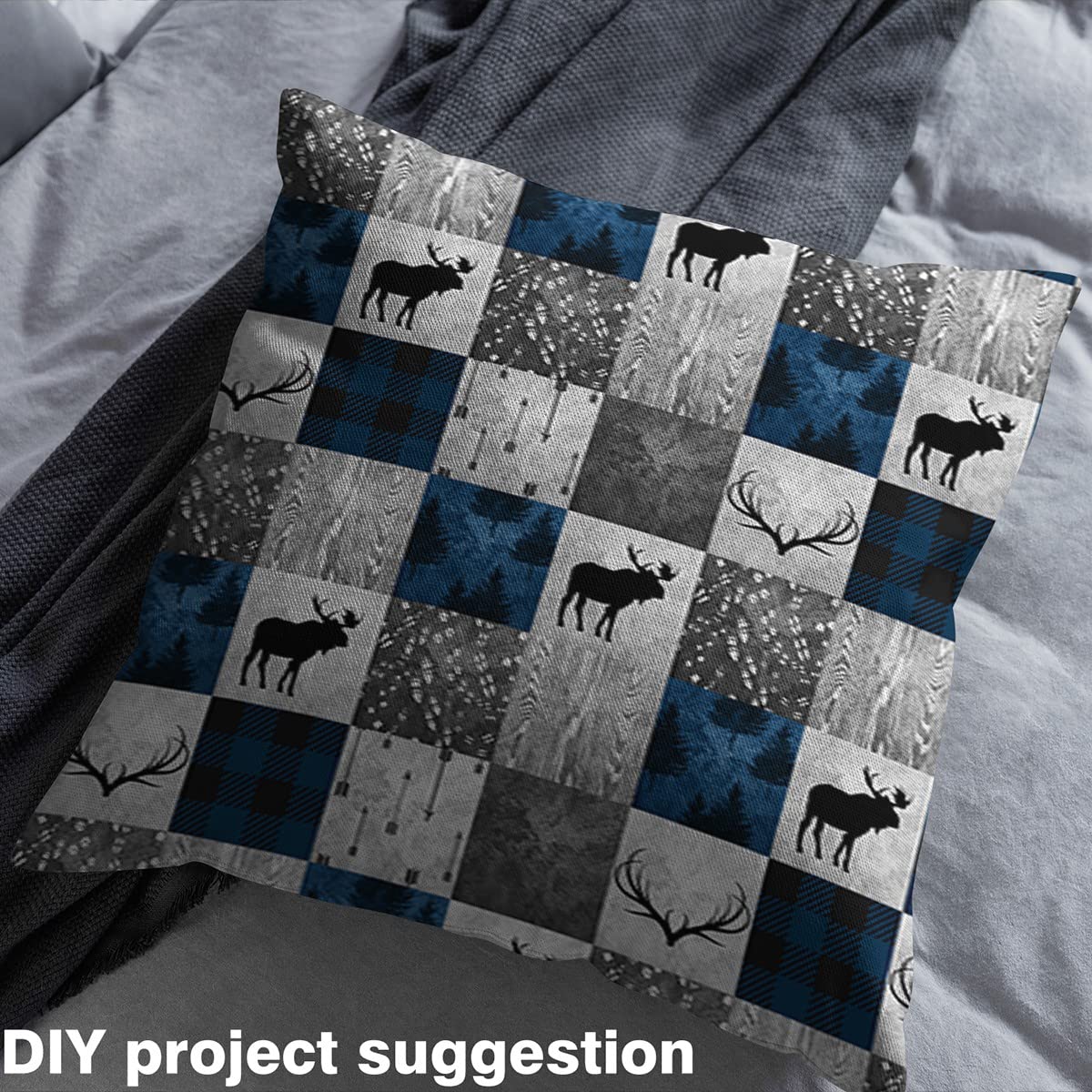 Deer Fabric by The Yard,Buffalo Plaid Check Upholstery Fabric Cabin Lodge Decorative Fabric for Quilting Sewing, Wild Animal Elk Antler Christmas Deer Patchwork Fabric Blue Grey 2 Yards