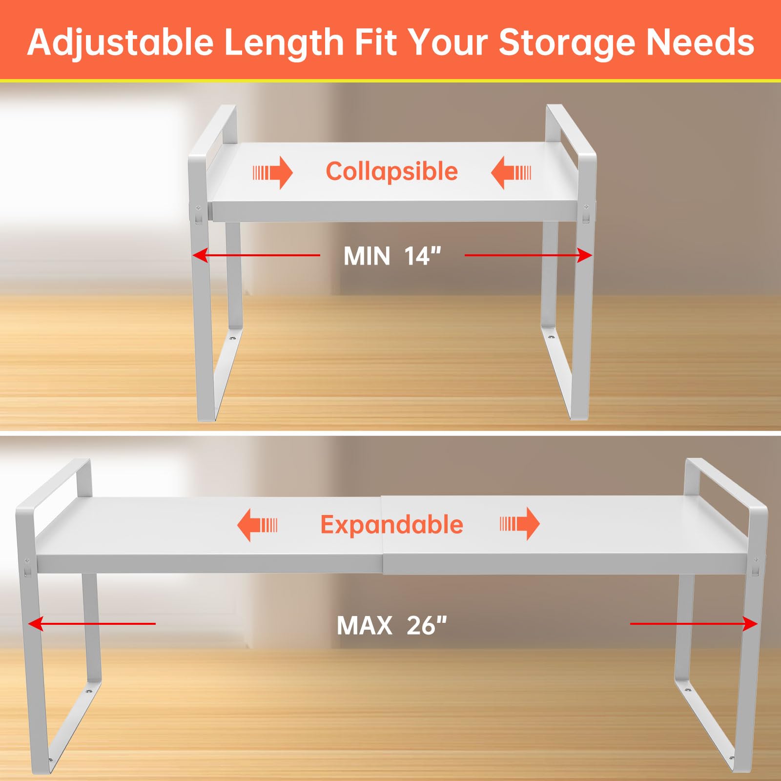 KOMOHOM Expandable Cabinet Organizer 16"~26", Kitchen Shelf Organizer Spice Rack 11” wide, Cupboard Organizers And Storage Shelves, Kitchen Counter Organizers, Countertop Cabinets Small Pantry Shelf