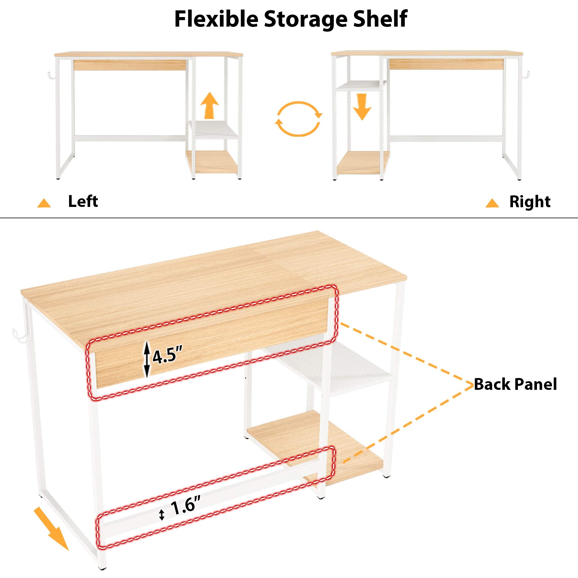 DOMY HOME Office Desk w/Storage Shelves, 43" Small Student Kids Writing Desk Headphone Hook Bedroom Dormitory PC Laptop Home Office Table Sturdy Metal Frame, Easy Assembly Oak