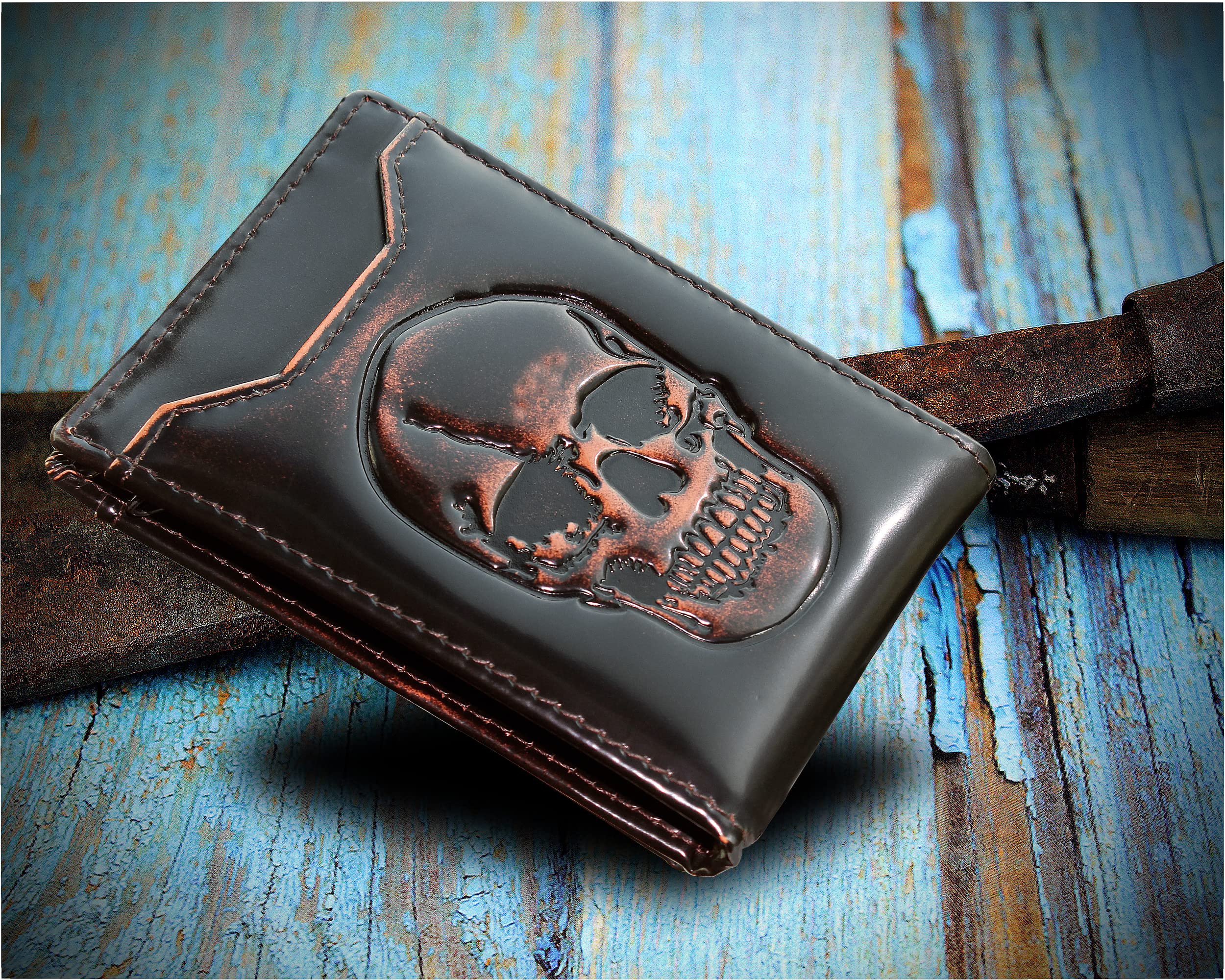 DK86 Men's Leather Skull Slim Wallet with Money Clip Minimalist Bifold Front Pocket wallet for Men RFID Blocking Geuine Leather with Hand Burnished (Black Skull)