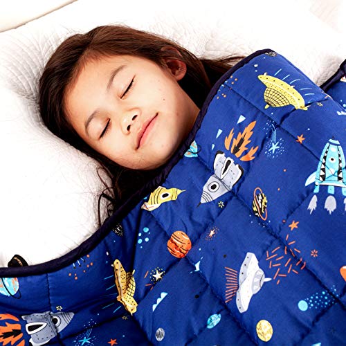 Sleepymoon Small Weighted Blanket for Kids Boys 5lbs 36''Ć48''Breathable 100% Organic Cotton Navy Minky with Glass Beads for Better Sleep Galaxy Spaceship Rocket Blue