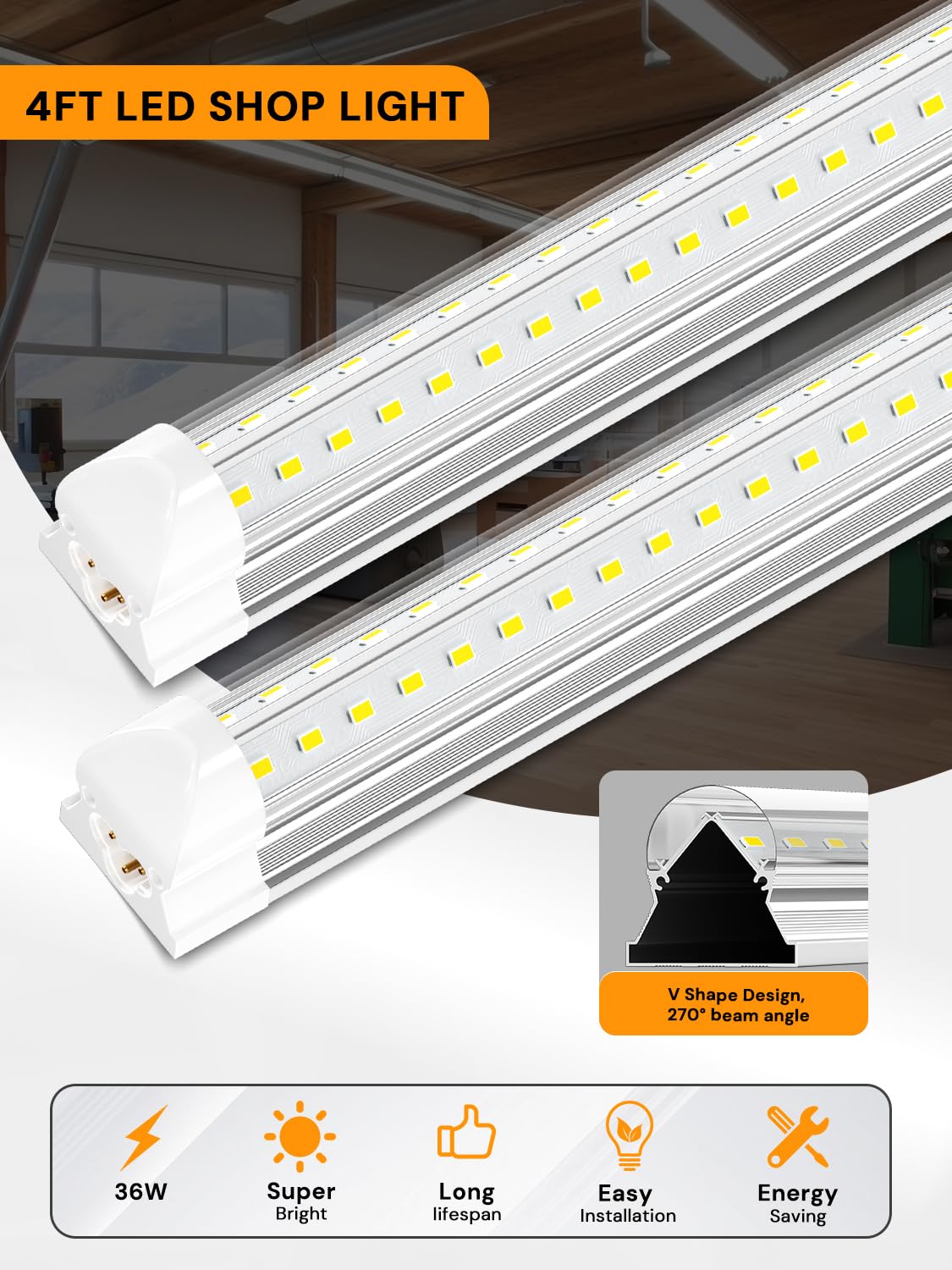 ONLYLUX LED Shop Light, 4ft 36W 5000lm 6500k Shop Lights, 4 Foot Led Light Fixture, T8 Led Tube Lights for Garage, V Shape High Output Linkable (10 Pack)