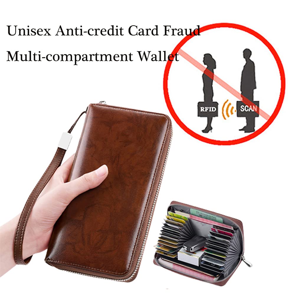 DKKD Unisex Anti-credit Card Fraud Multi-compartment Wallet, 24 Slots RFID Blocking Card Holder Large Long Leather Zipper Organizer Accordion Wallet, Huge Storage Capacity (Black)