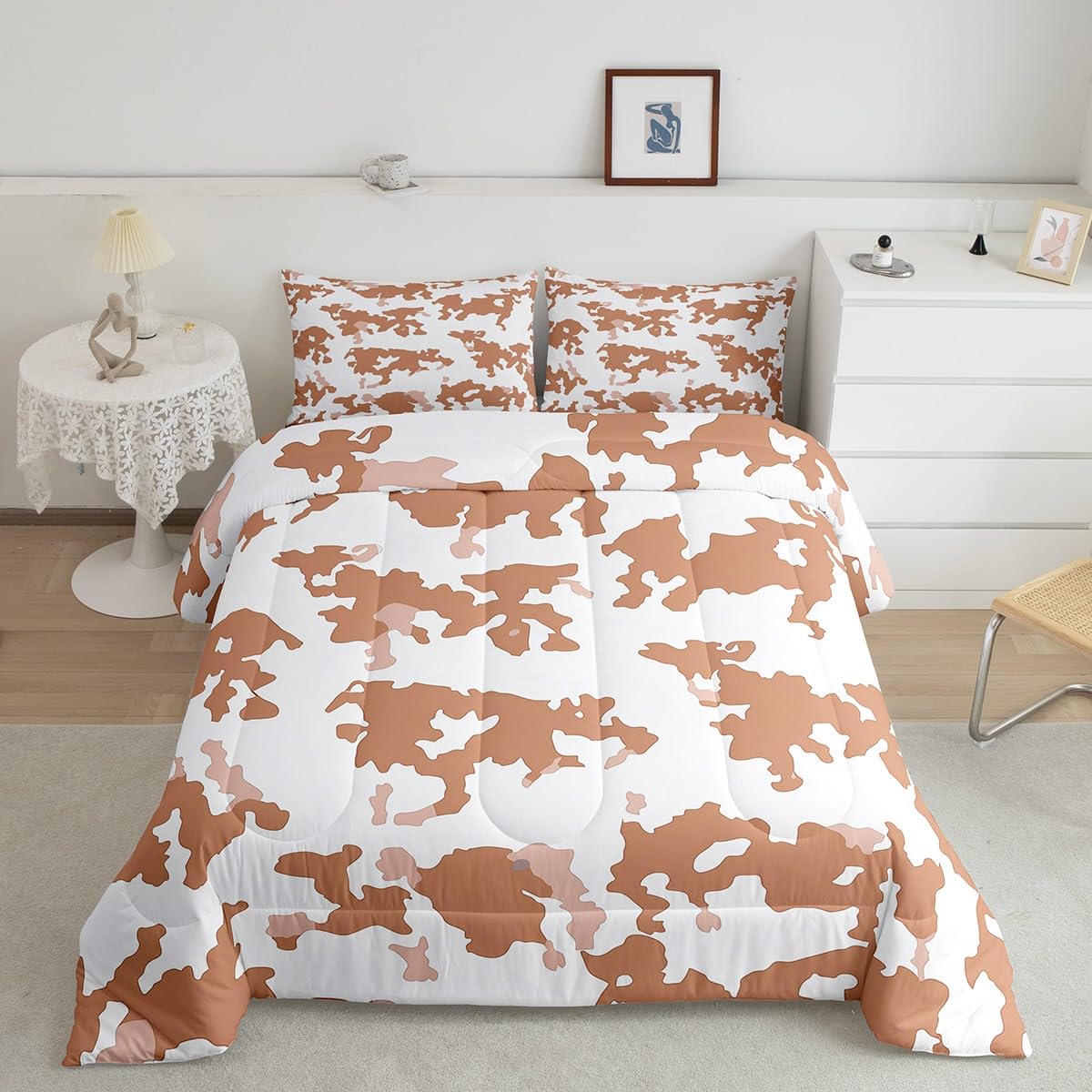 Erosebridal Ochre Yellow Cowhide Bedding Set Farm Animals Quilt,Bull Cattle Longhorn Cow Print Comforter Set Farmhouse Western Animal Skin Duvet Insert Full,Wild Animal Room Decor for Teen Girls