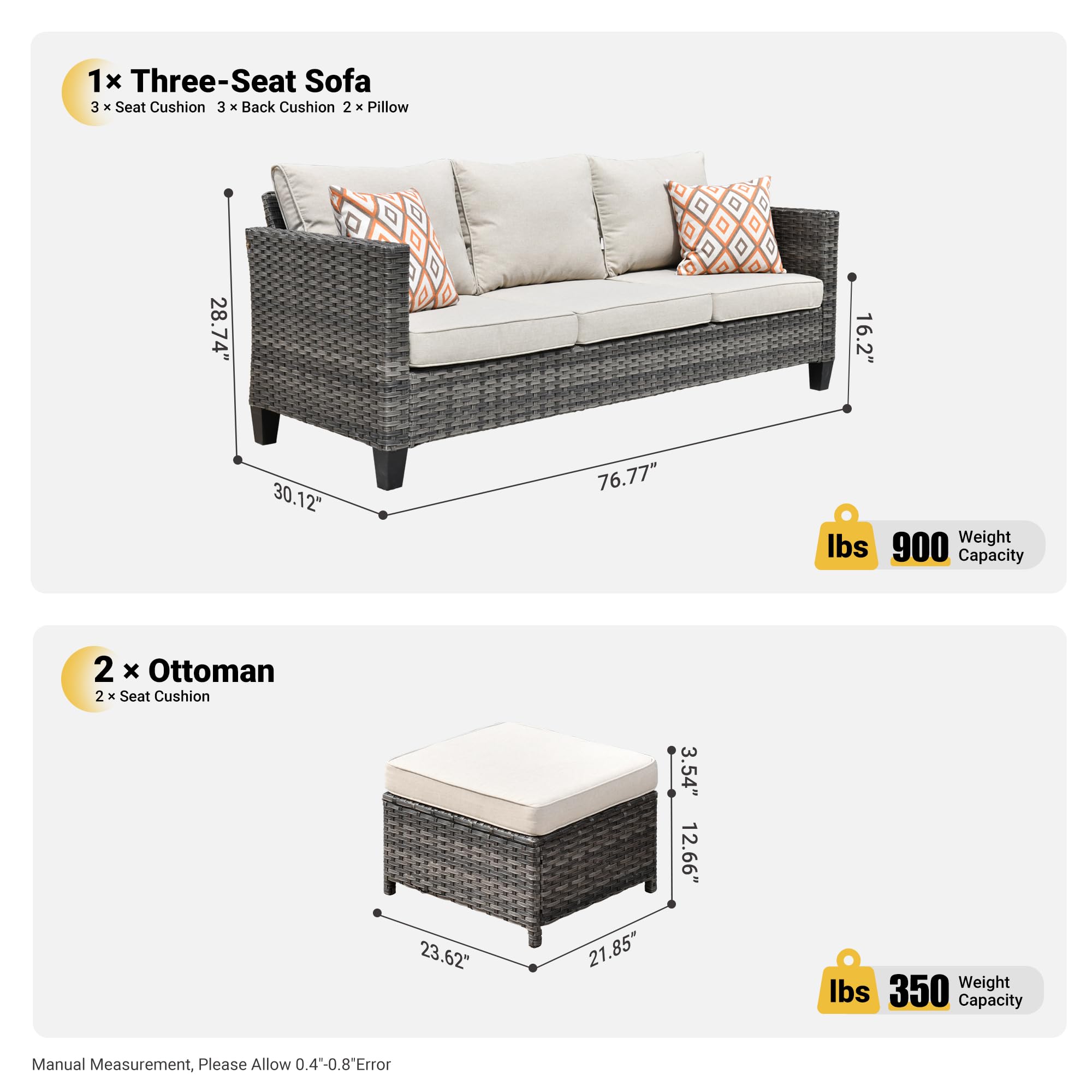 ovios Patio Furniture 3-Pieces Set, Modern All Weather Wicker Rattan Sofa Couch for Yard Porch, Beige Cushion