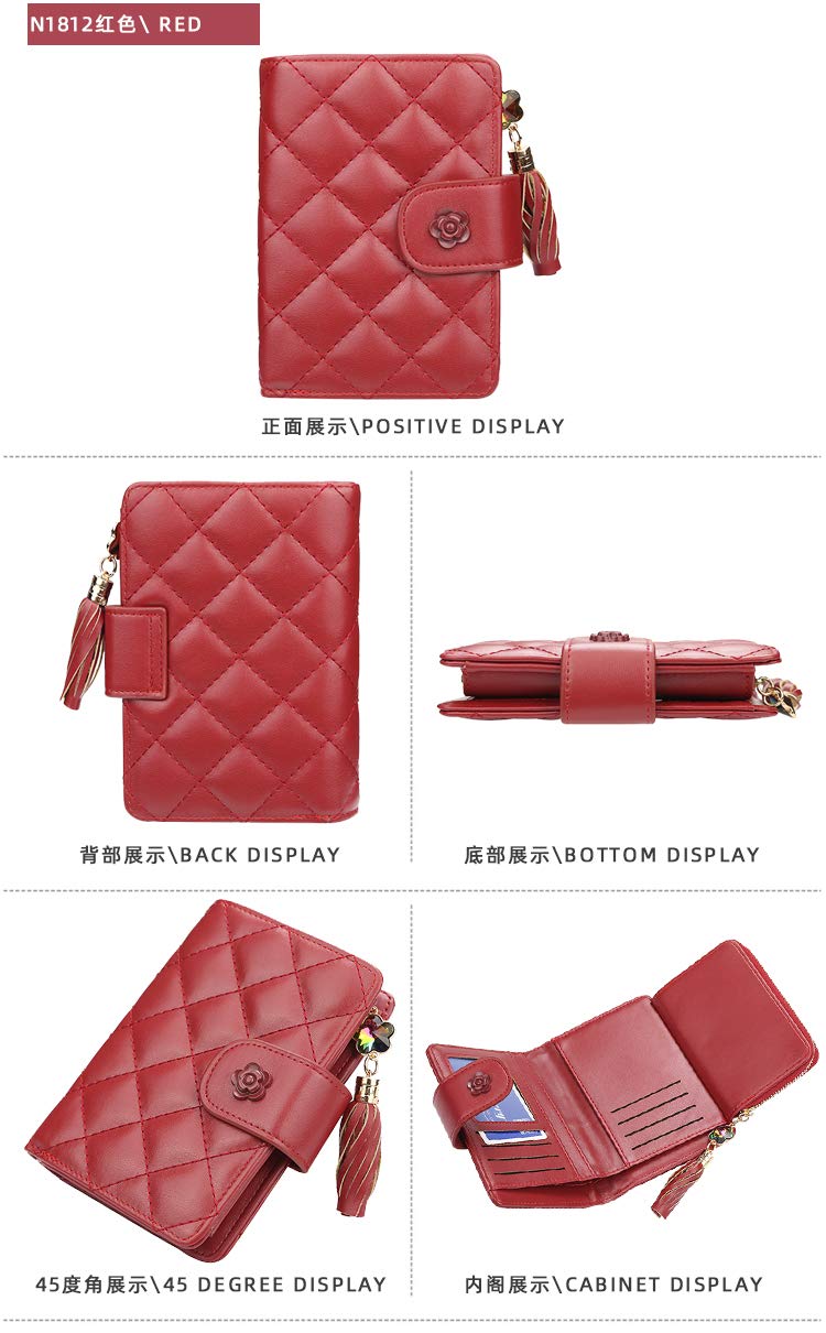 Women Bifold Leather Wallet Nlocking Ladies With Card Holder Window Coin Purse (Red)