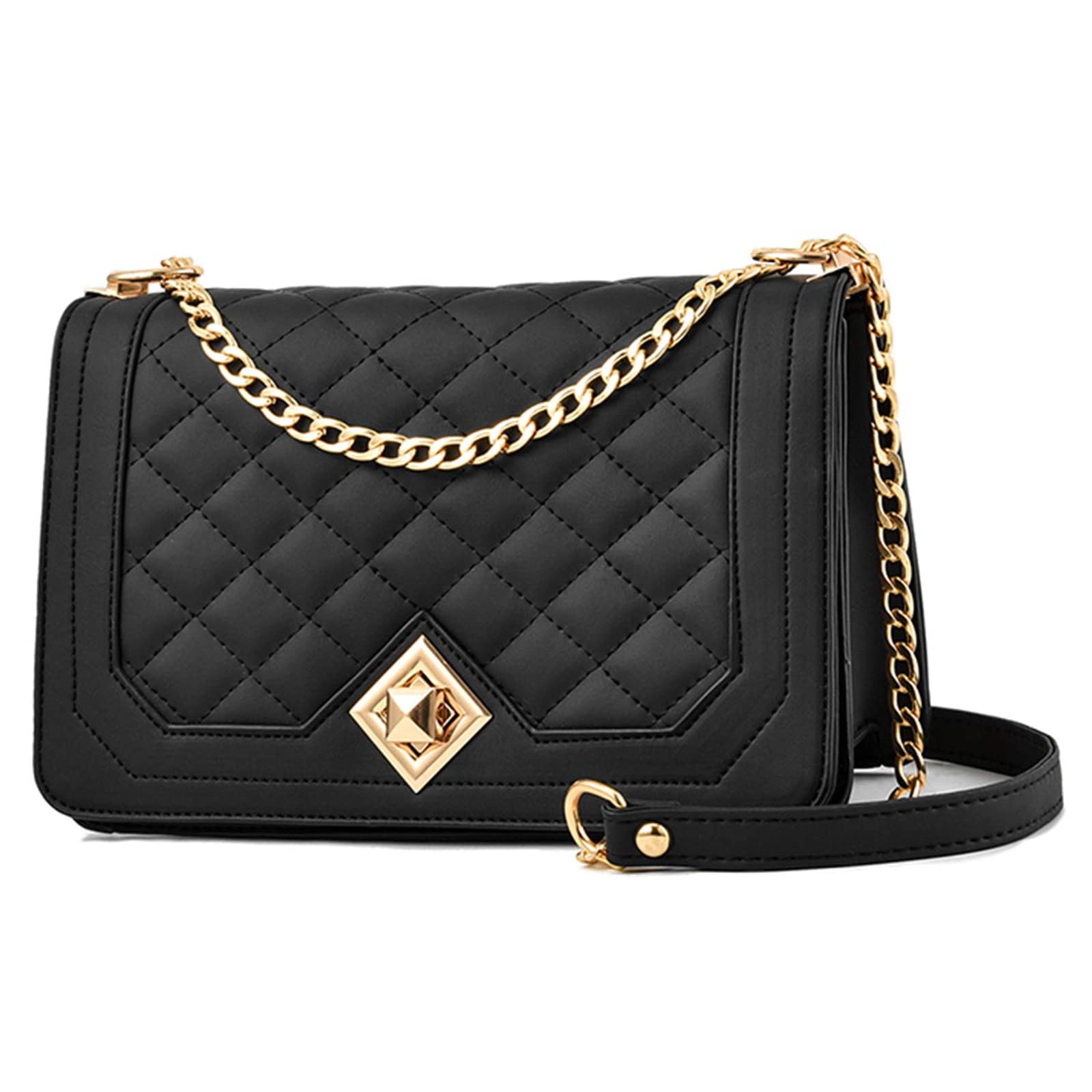 Women Black Quilted Purse Lattice Stylish Clutch Small Crossbody Shoulder Bag with Chain Strap