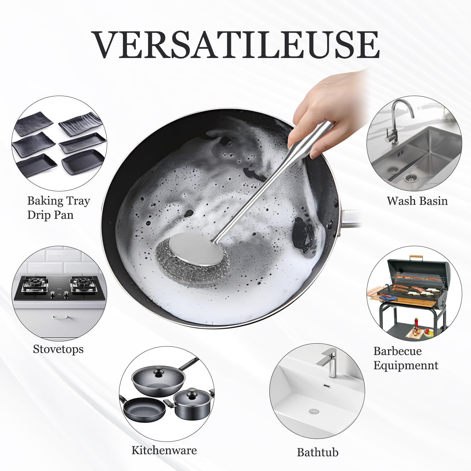 Generic Stainless Steel Long-Handled Steel Wool Brush, Grill Brush Bristle Free with Replaceable Brush Heads,Metal Scrubbers for Cleaning Dishes,Dish Scrubber with Handle