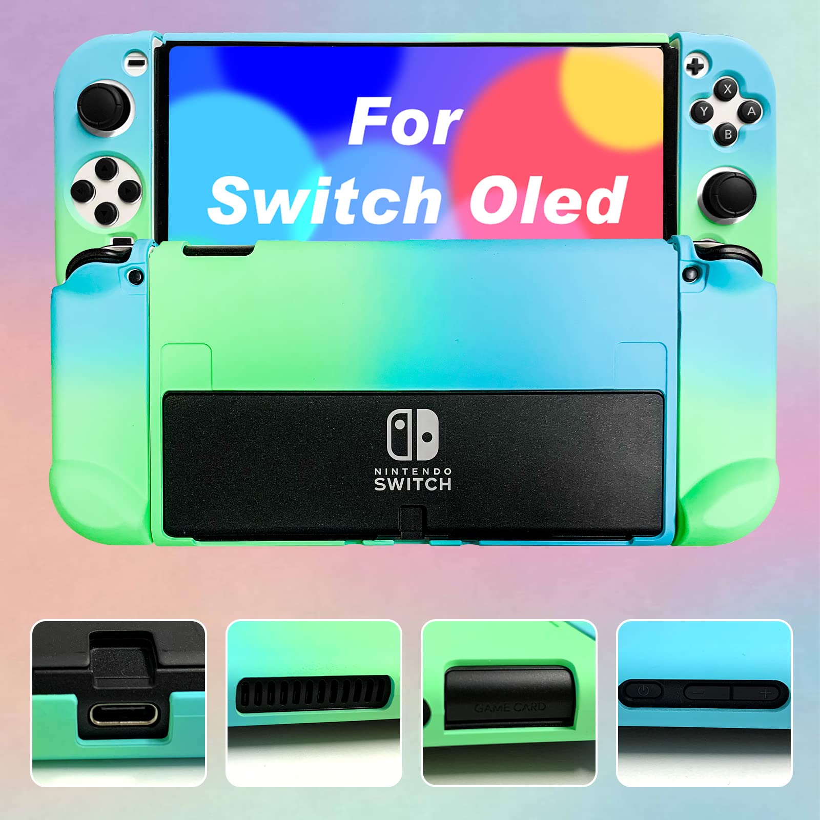 Dockable Case for for Switch OLED 2021, PC Hard Dockable Girl Ultra Thin 3 in 1 Protective Cover Case for Nintendo Switch and Joy-Con Controller with Screen Protector and 2 Thumb Grips (Blue+Green)