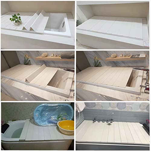 Folding Bathtub Cover Bath Shelf Bathtub Tray, Adjustable Storage Rack Dust-Proof Board Insulation Cover, 0.6cm Thickness PVC Shutter Bath Lid (Color : White, Size : 70x127x0.6cm)