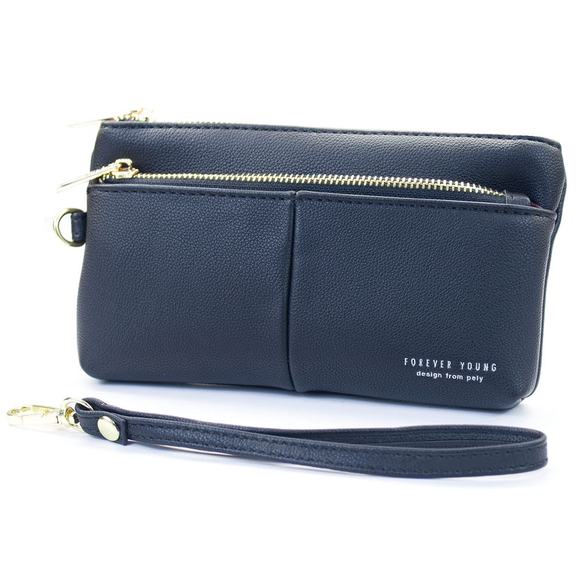 Women Leather Wristlet Clutch Wallet Handbag Purse Travel Cellphone Case Pouch (Black) Small
