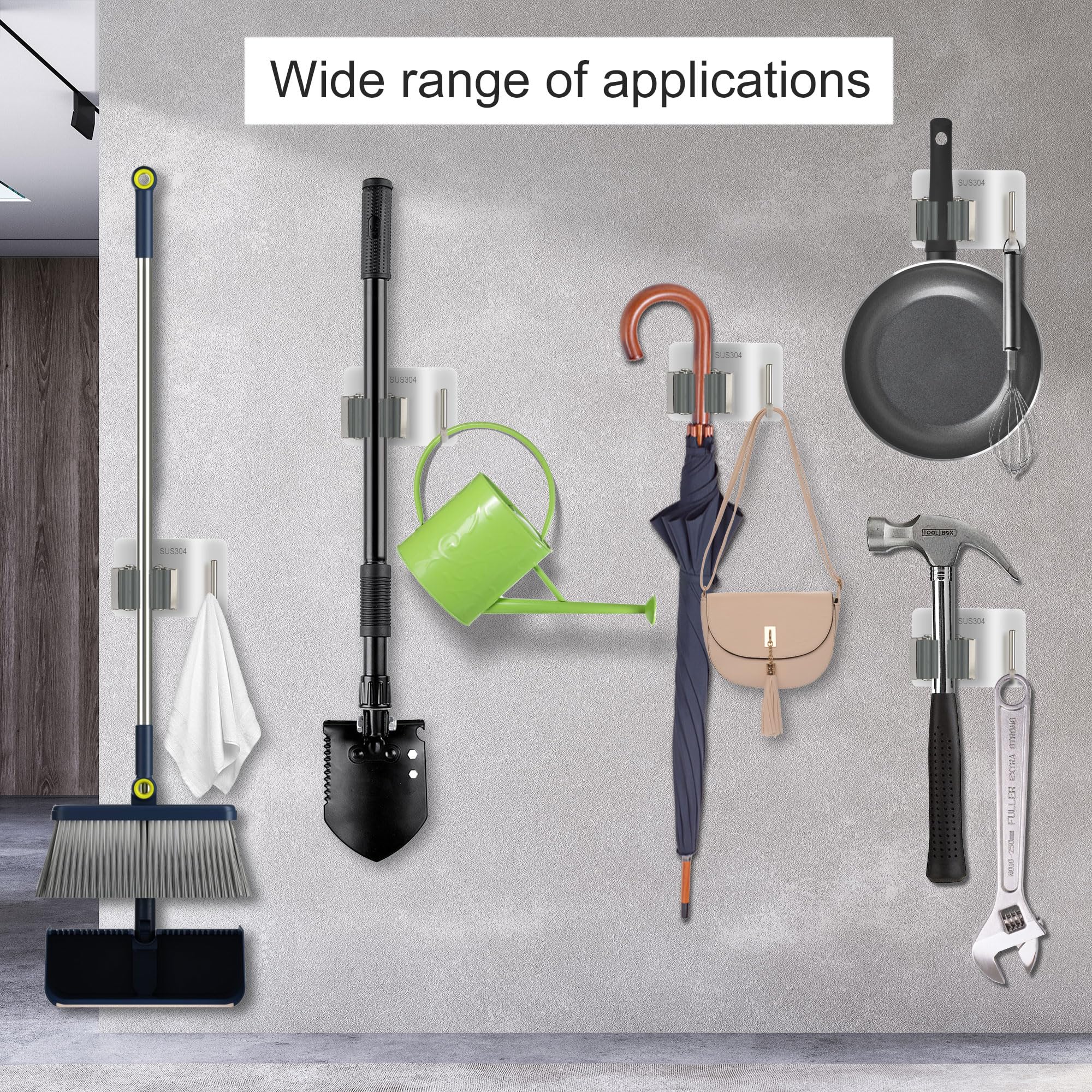 KWOKWEI 5PCS Broom and Mop Holder Wall Mount, Self Adhesive Broom Hanger with Hook, Stainless Steel Garden Tool Organizer Rack Broom Holder for Laundry Room, Bathroom, Garage, Kitchen Black
