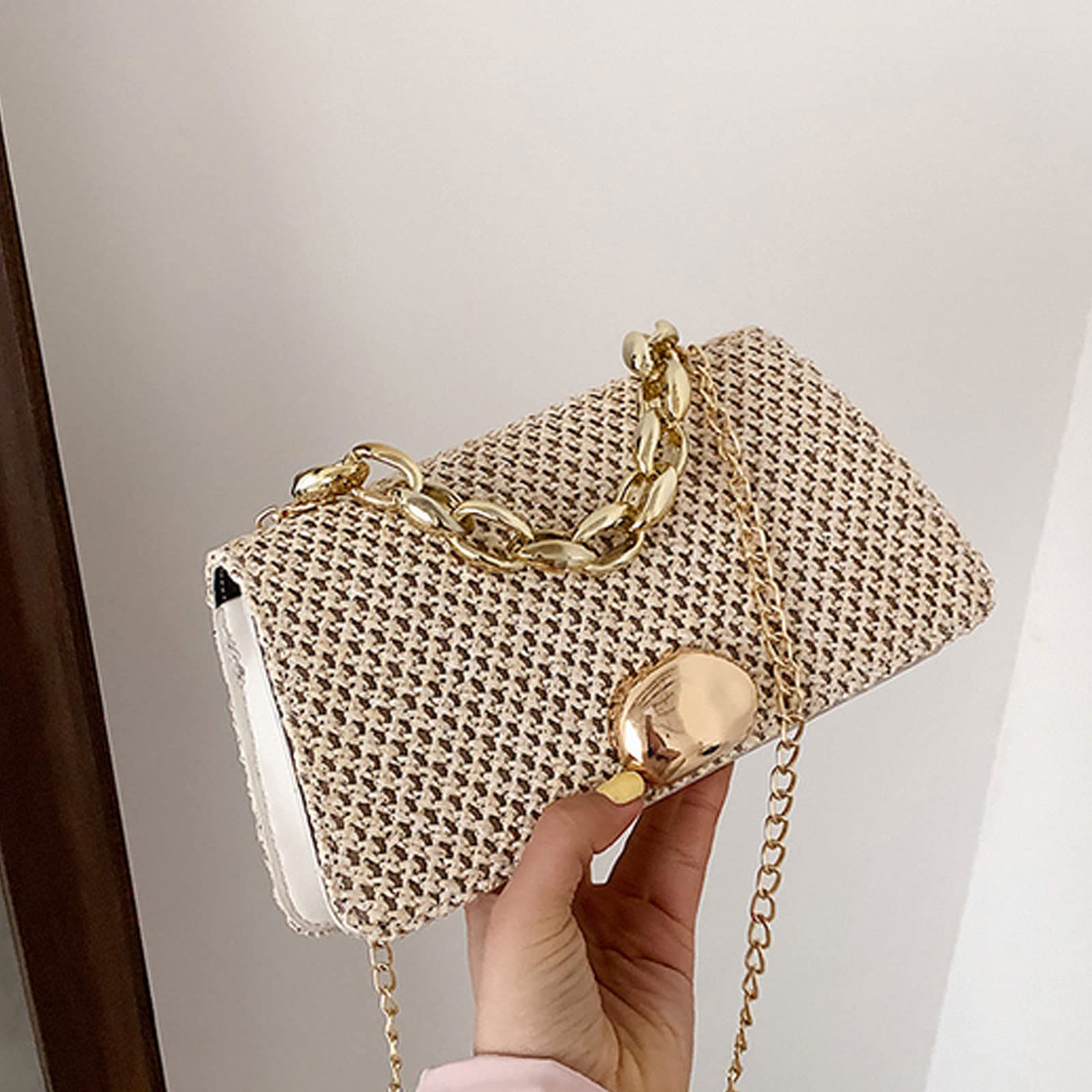 Women Mini Straw Woven Cross-body Bag Chain Strap Shoulder Bag Beach Chain Top-handle Bag