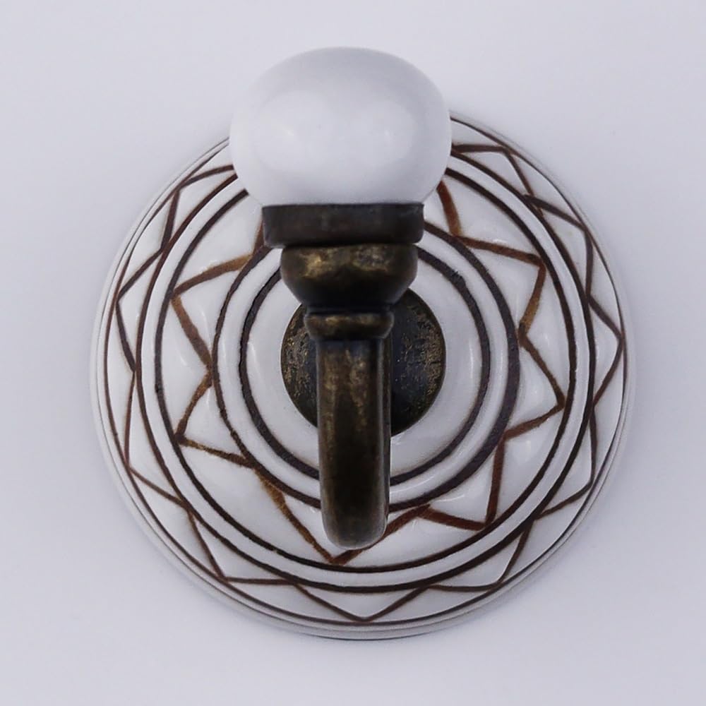 IndianShelf 1 Pieces Brass White Round Decorative Coat Hooks Kitchen Unique Ceramic Wall Hooks for Hanging Towel Hook Farmhouse Backpack Purse Hanger Heavy Duty Entryway Shower Robe Holder Hat Rack