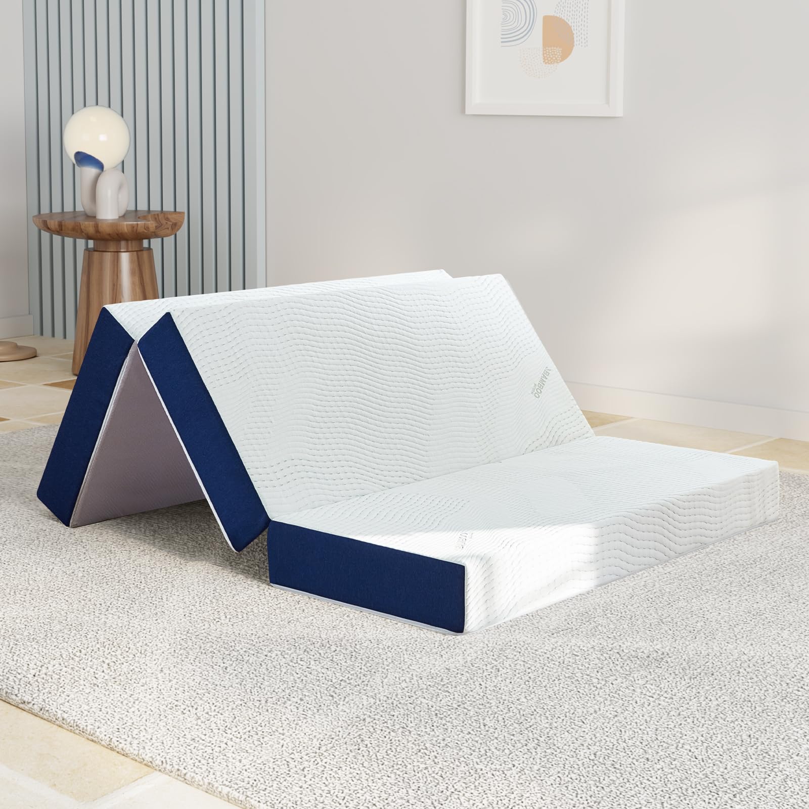 Generic Tri Folding Mattress, 3 inch Memory Foam Mattress Topper with Bamboo Cover for Camping, Guest, Queen Size - 58""x 78""x 3"", White