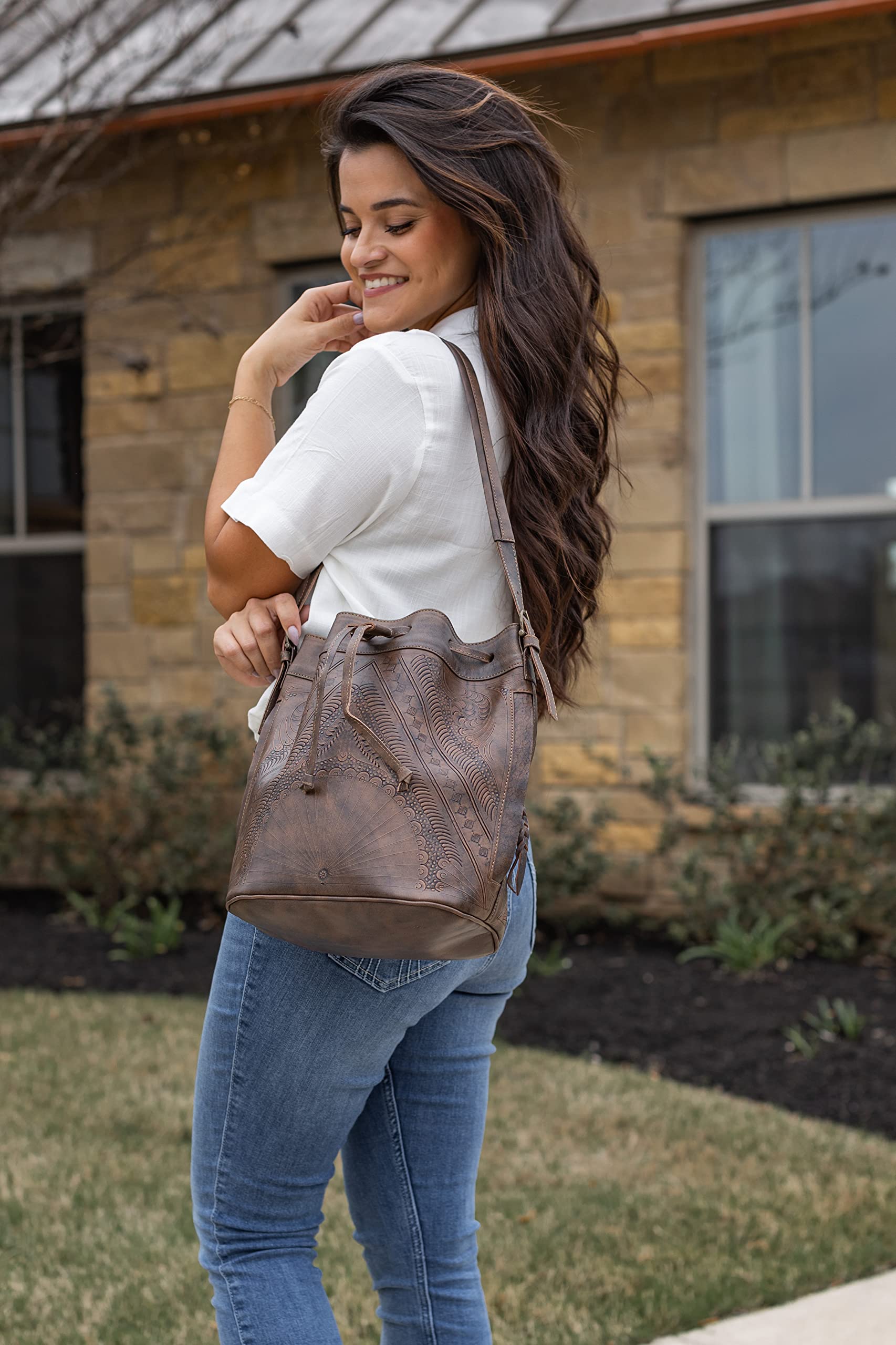Womens Drawstring Bucket Bag, Genuine Leather Crossbody Bag, Hand tooled, Dark Brown, Handmade Leather Purse
