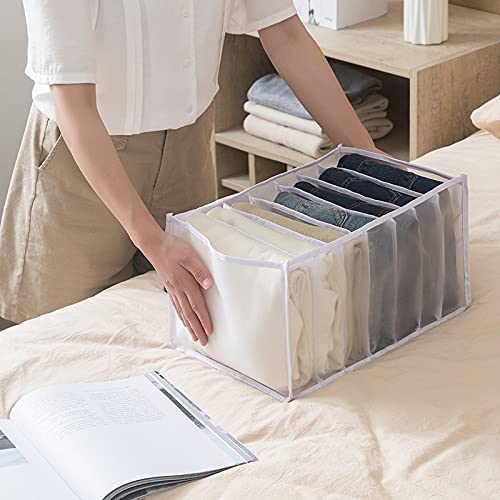 Wardrobe Clothes Organizer,7 Grids Washable Clothes Organizer for Folded Clothes, Mesh Clothes Storage Organizer Separation Box for Jeans, Leggings, Underwear, Socks, T-shirts (White, 2pc-Large)