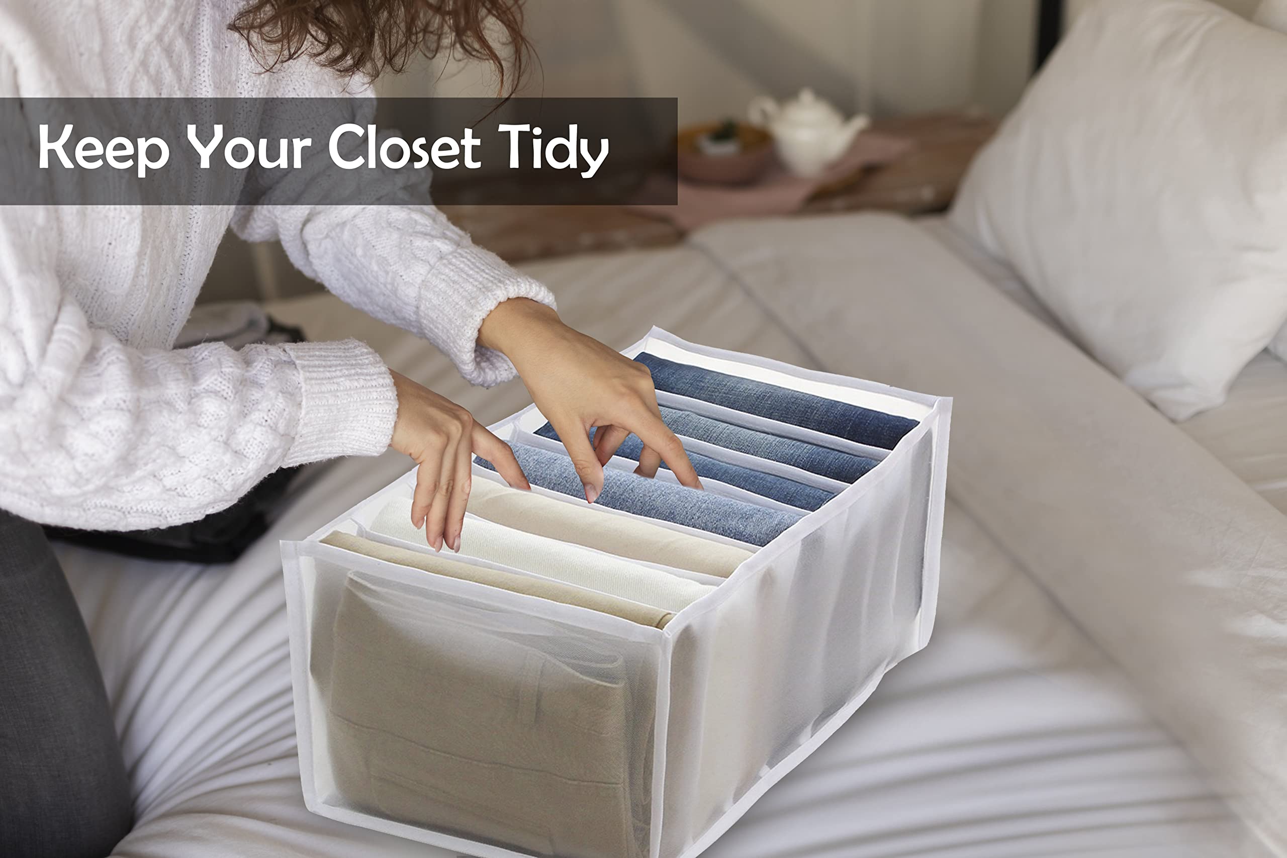 wardrobe clothes organizer | (2PCS) 7 Grids Foldable Visible closet organizers and storage | Portable Storage Containers for T-shirt, Legging, Skirts, Jeans, Kid Clothes |Washable drawer organizers for clothing storage (White)