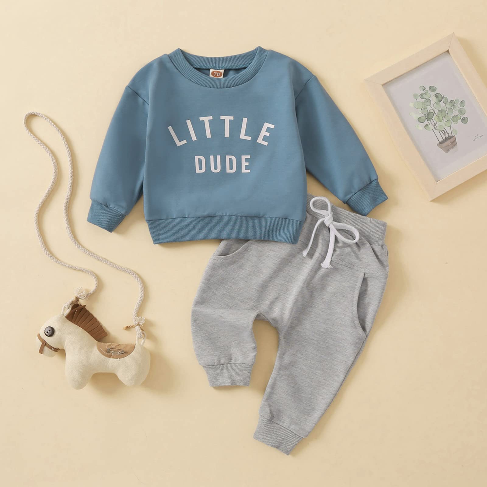 Fepege Toddler Baby Boy 2Pcs Outfits Long Sleeve Letter Print Sweatshirt Pullover Long Drawstring Trousers Fall Winter Clothes Set (Blue, 0-6 Months)