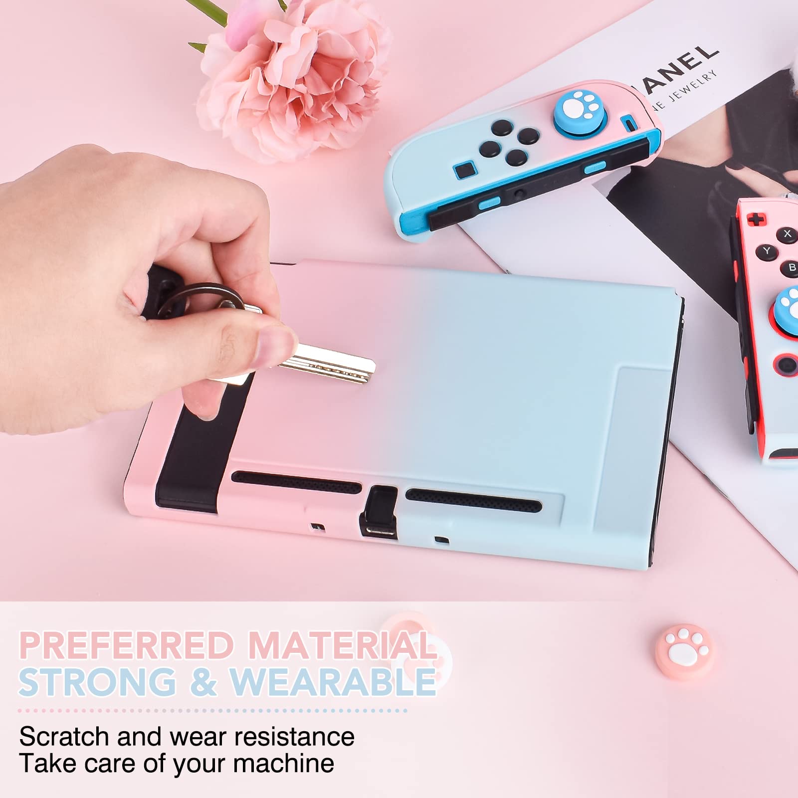 DLseego Protective Case for Switch and Joy Con Controllers Dockable Slim Cover With 2PC Glass Screen Protector and 6 Cute Cats Claw Thumb Grip Caps – Pink and Purple