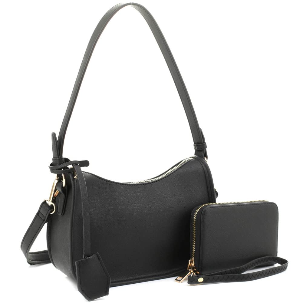 Womens Girls Minimal Vintage Retro Small Vegan Leather Shoulder Bag Purse Wallet Set (zBlack)