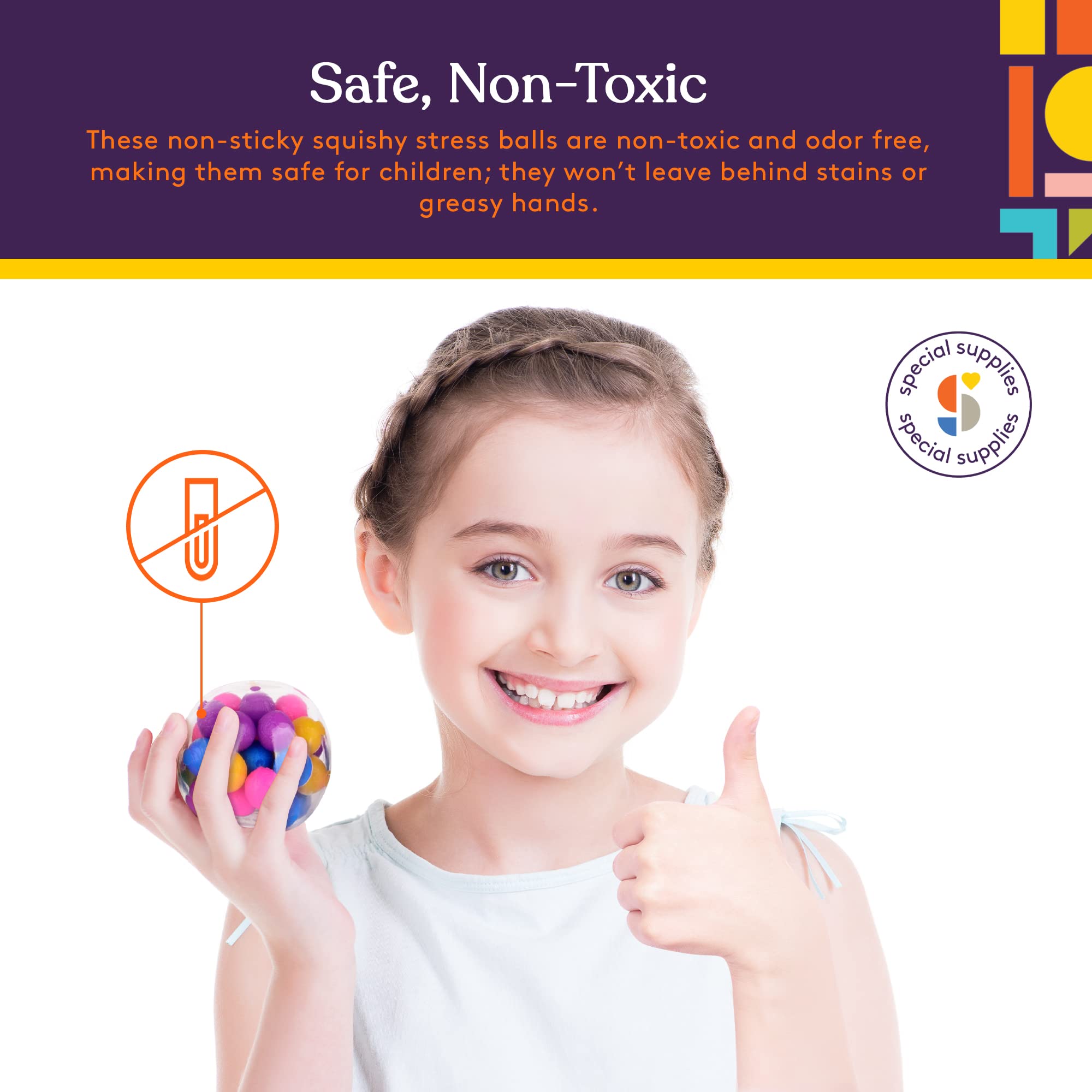 Squishy Stress Ball Squeeze, Color Sensory Toy, Relieve Tension, Anxiety, ADHD, Home, Travel and Office Use, Fun for Kids and Adults (4-Pack)